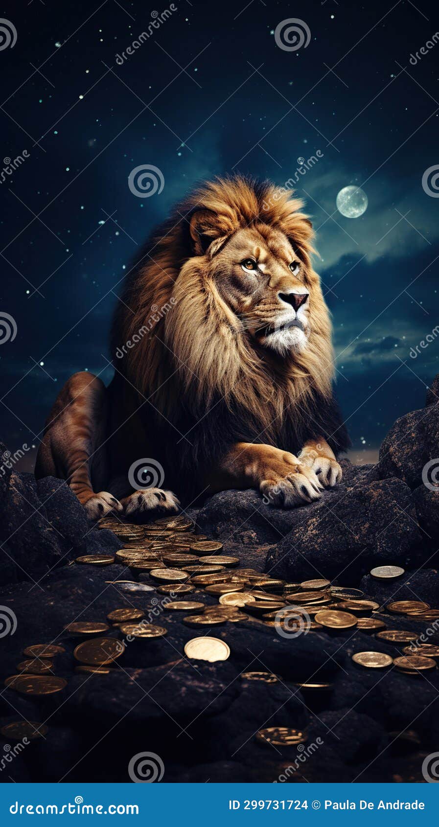 Lion Several Gold Coins on Moon Light Stock Illustration - Illustration ...