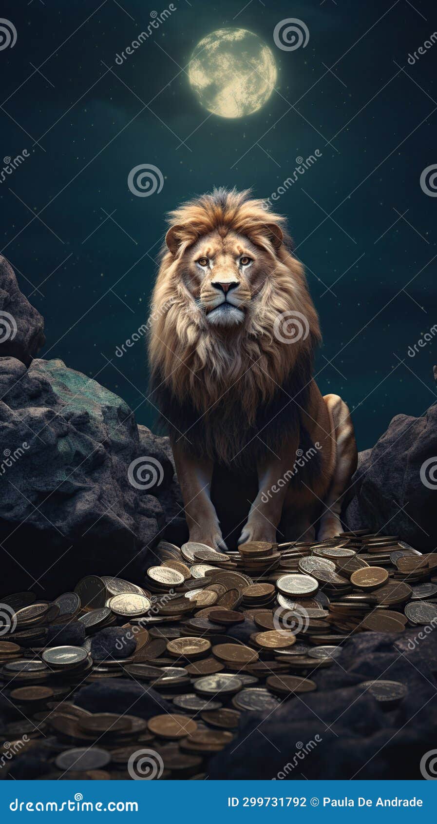Lion Several Gold Coins on Moon Light Stock Illustration - Illustration ...