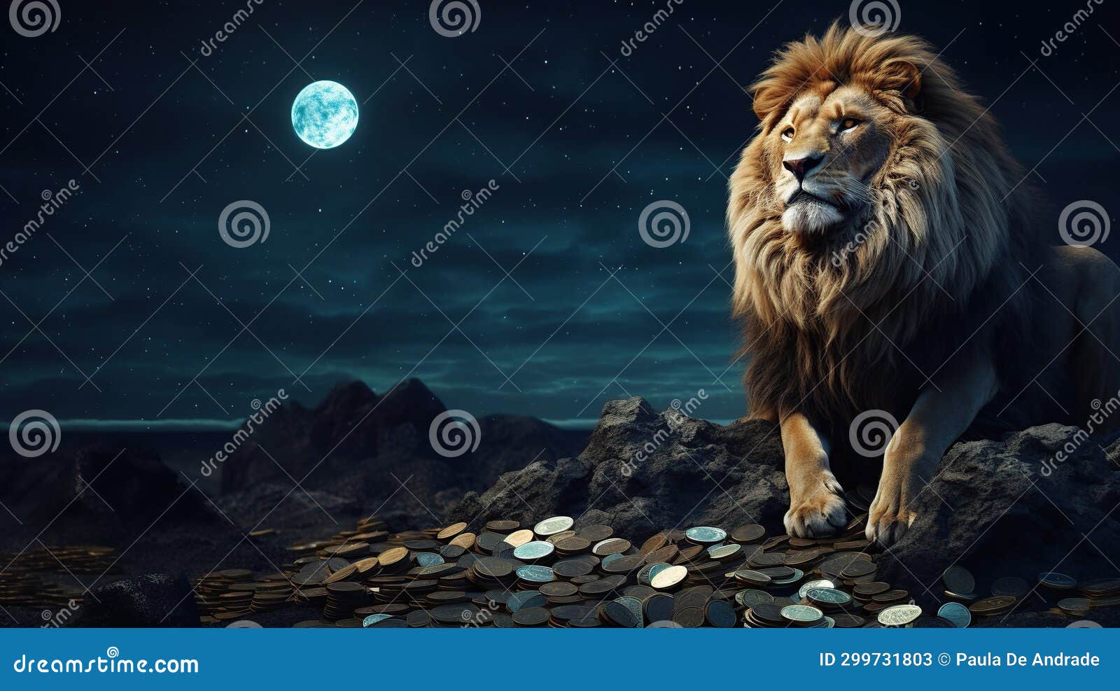 Lion Several Gold Coins on Moon Light Stock Illustration - Illustration ...