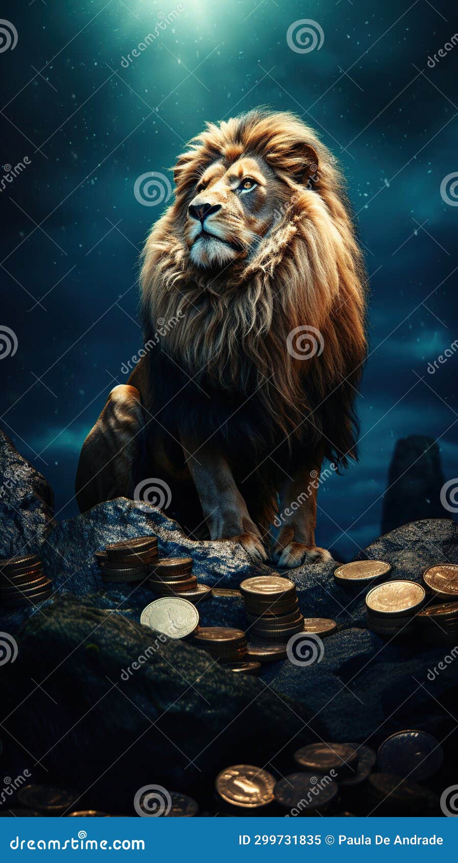 Lion Several Gold Coins on Moon Light Stock Image - Image of currency ...