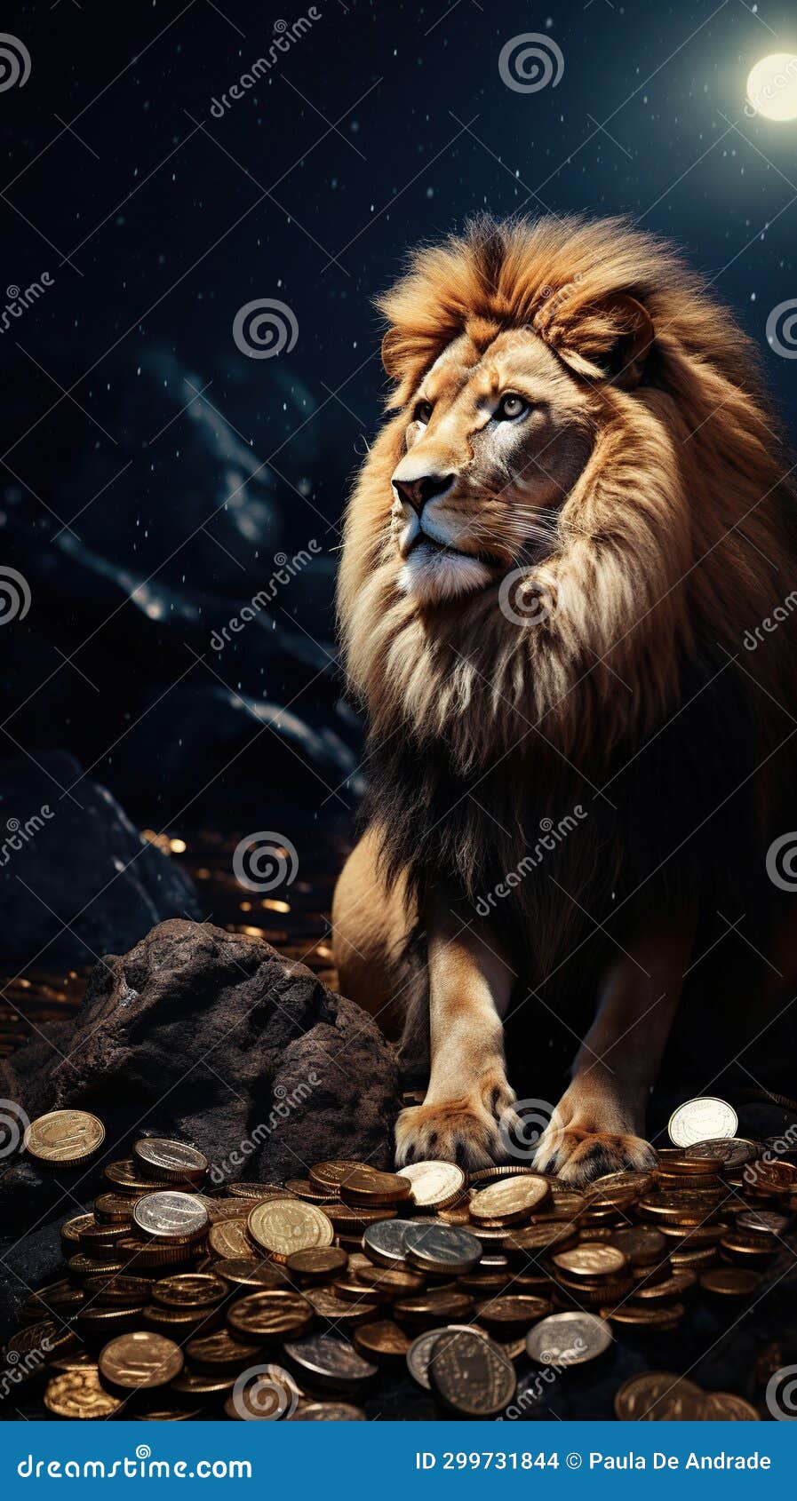 Lion Several Gold Coins on Moon Light Stock Illustration - Illustration ...