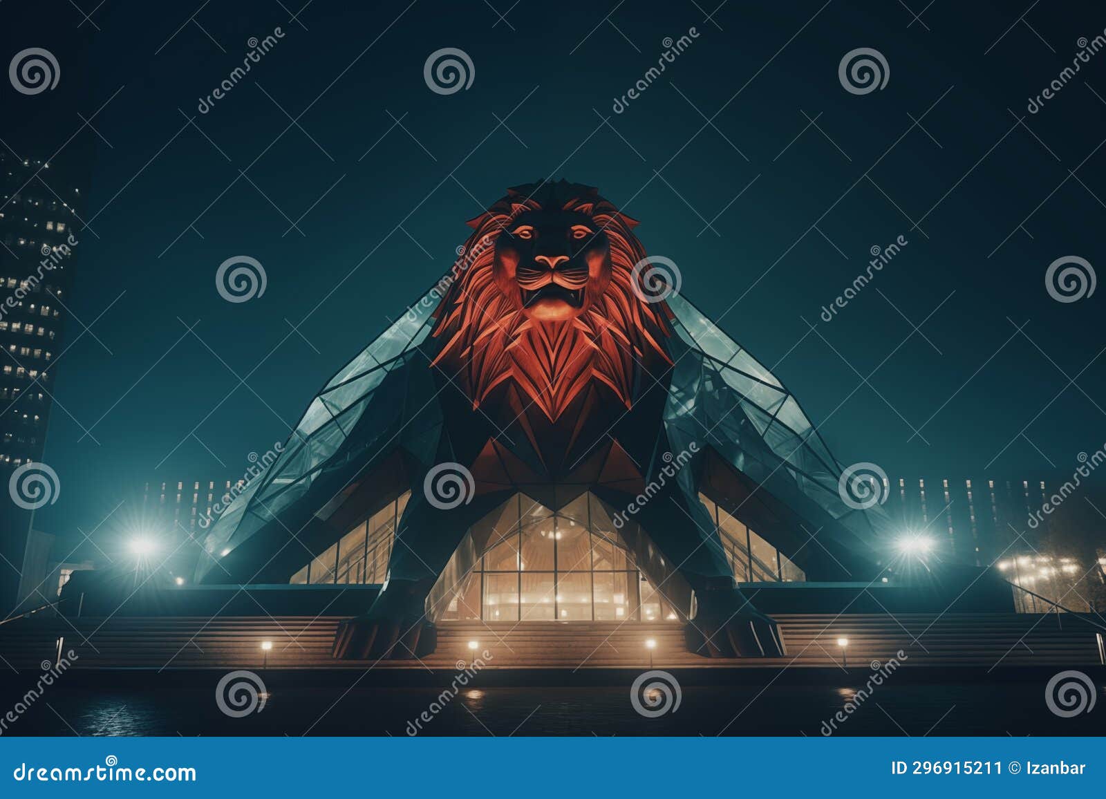 Lion Shape Illuminated Building at Night Illustration Stock ...