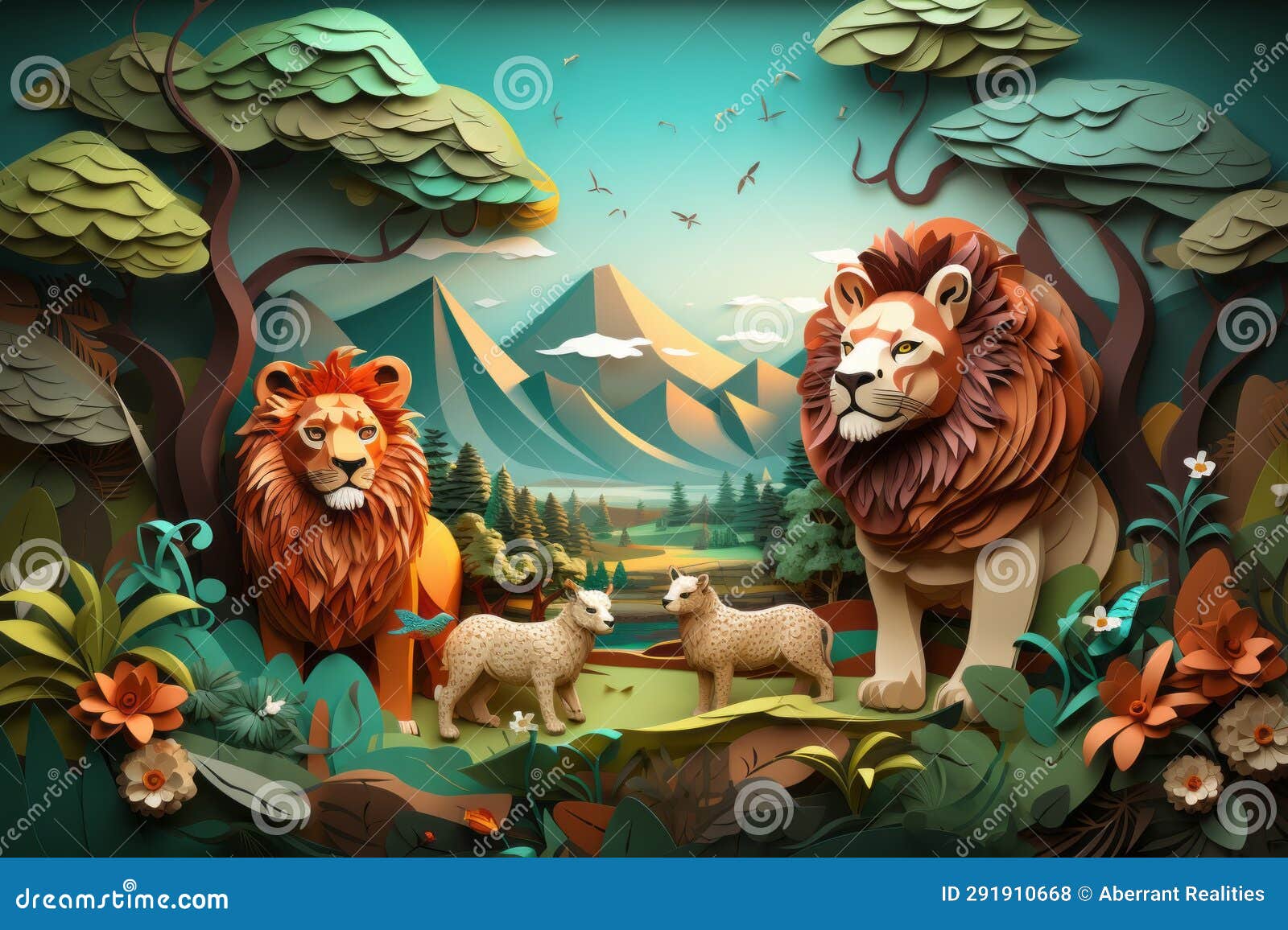 Lion and Sheep in the Forest with Mountains in the Background Stock ...
