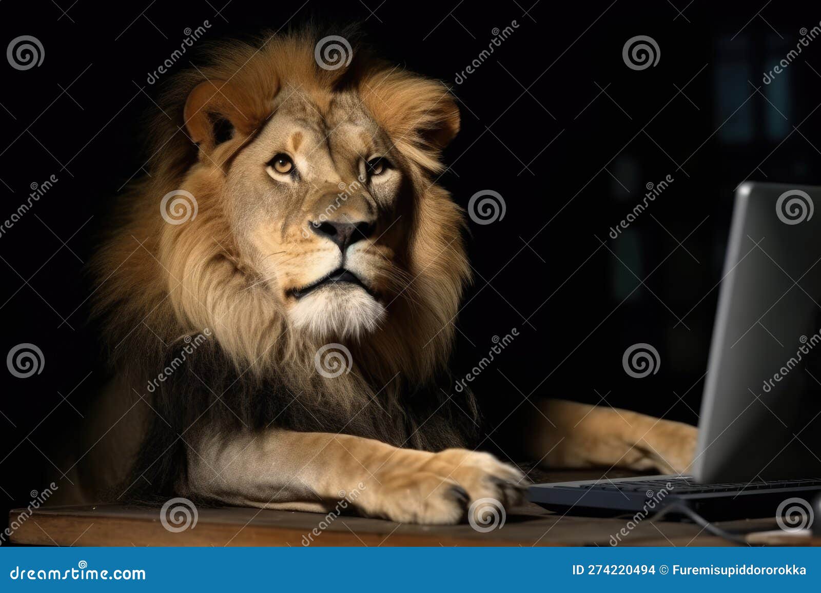 The Lion Sits in Front of the Computer Generative AI Stock Illustration ...
