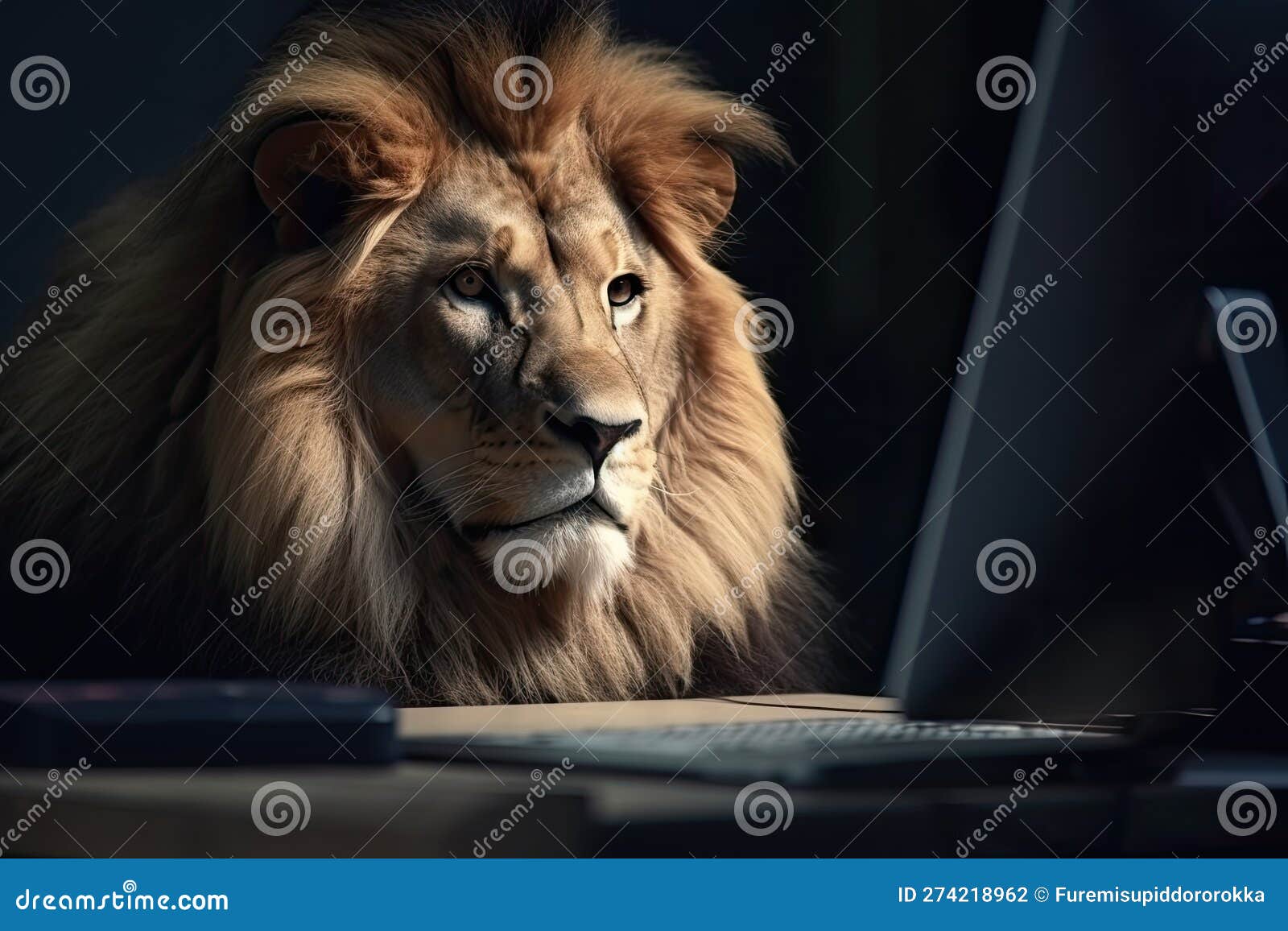 The Lion Sits in Front of the Computer Generative AI Stock Illustration ...