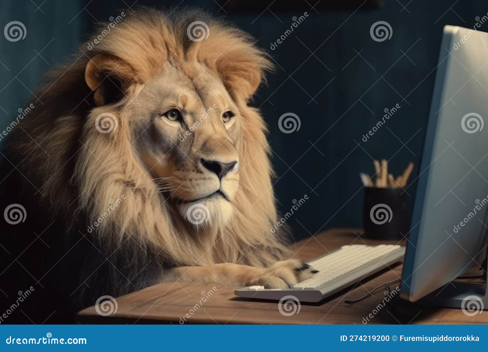 The Lion Sits in Front of the Computer Generative AI Stock Illustration ...