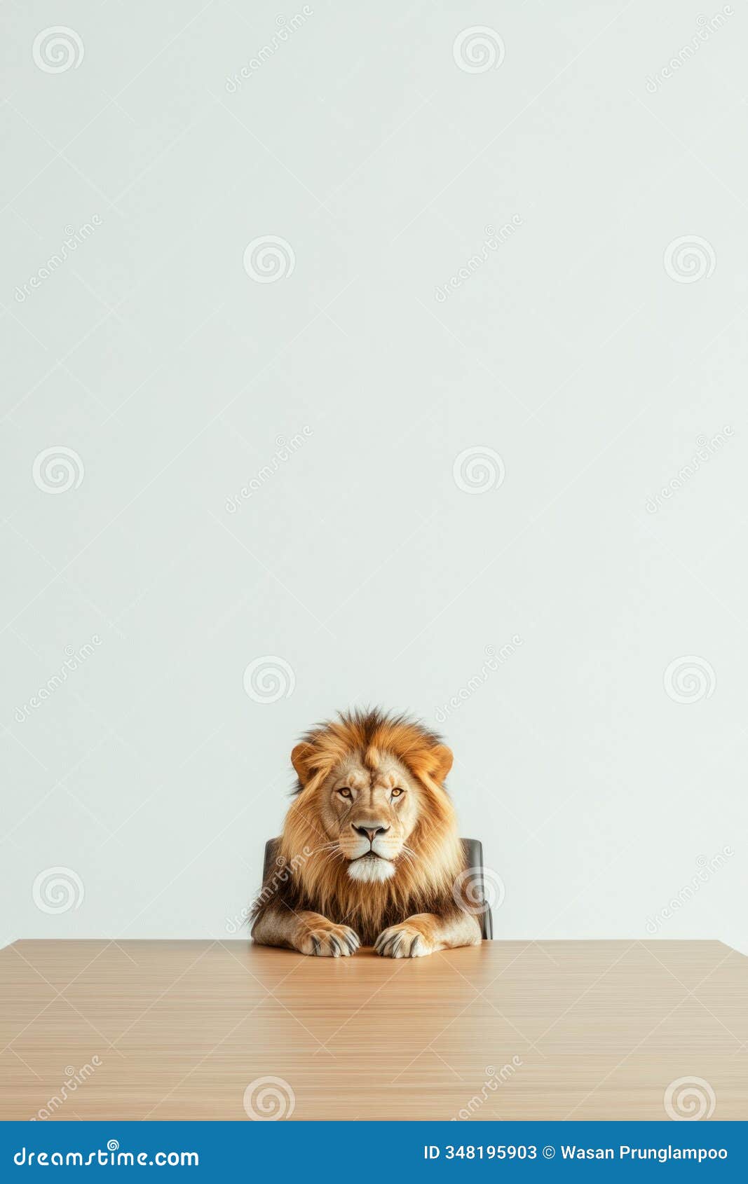 A Lion Sitting at a Table Portraying a Regal Demeanor Stock ...