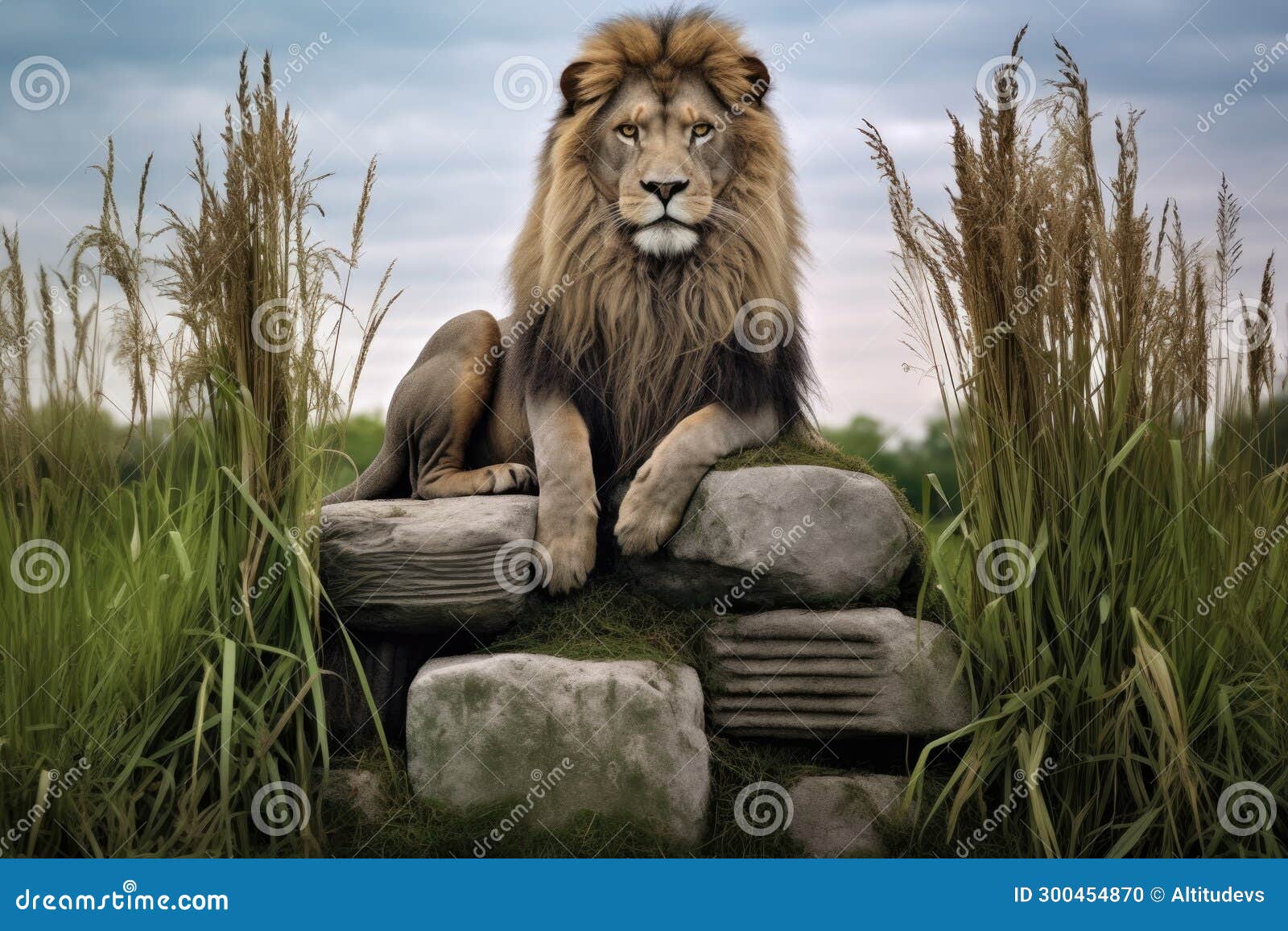 A Lion Sitting on a Throne Made of Stacked Rocks in a Field of Tall ...