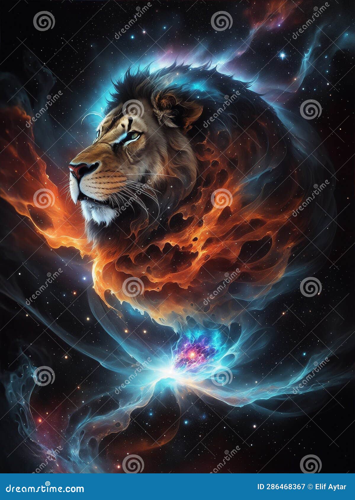 Lion in Space Nebula, Water Ink Cosmic Space Background, Cosmos Stock ...