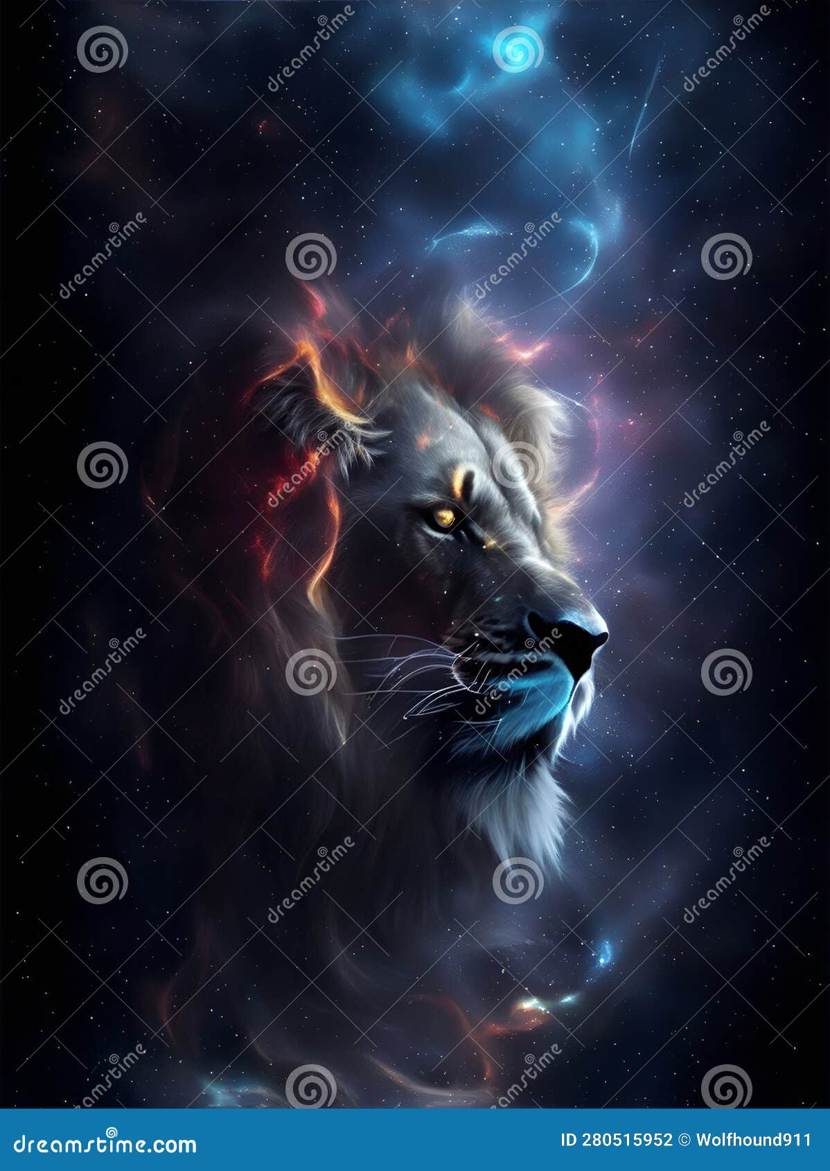 Lion in Space Nebula, Water Ink. Generative AI. Stock Illustration ...
