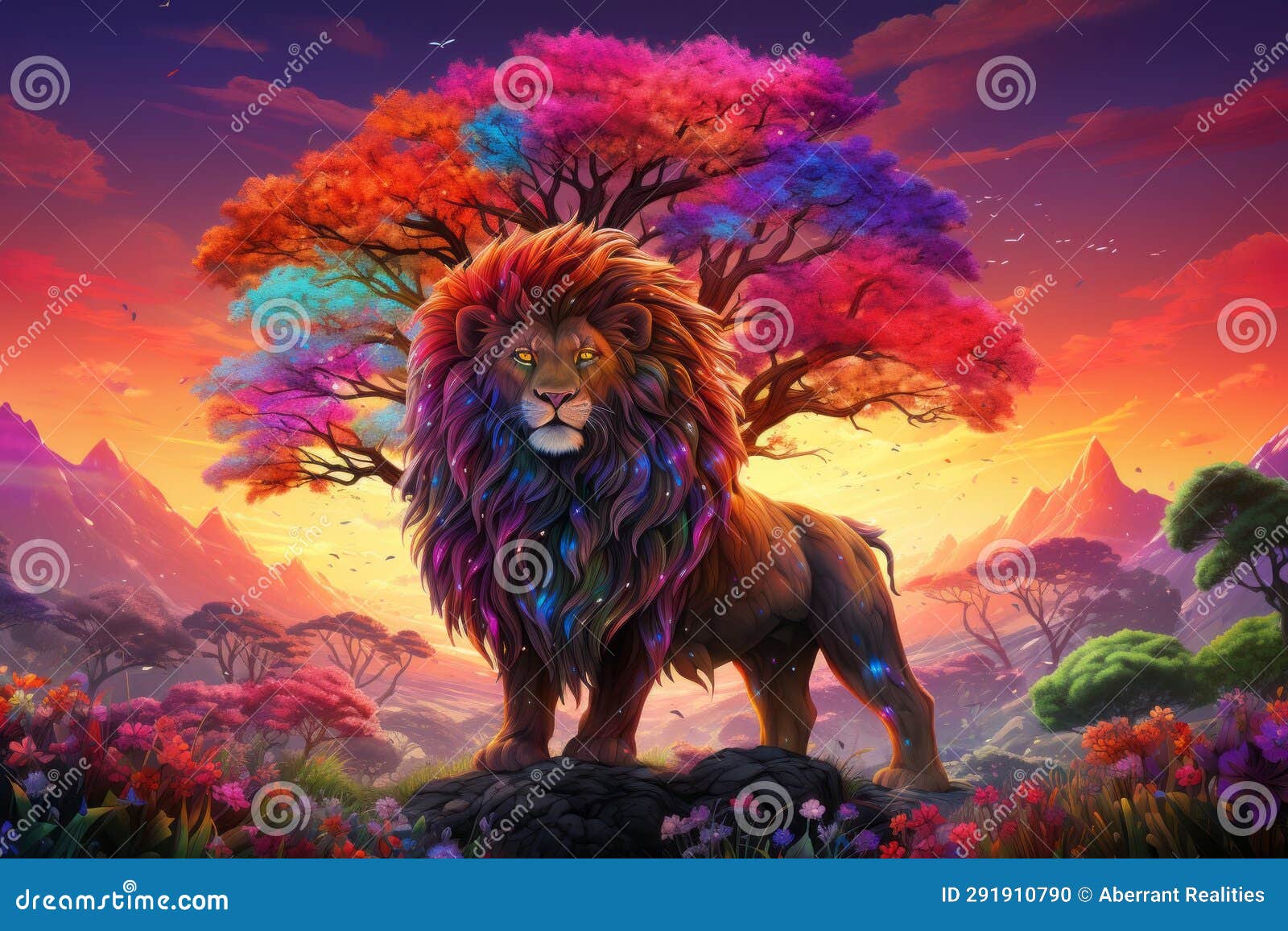 The Lion is Standing in Front of a Colorful Tree Stock Illustration ...