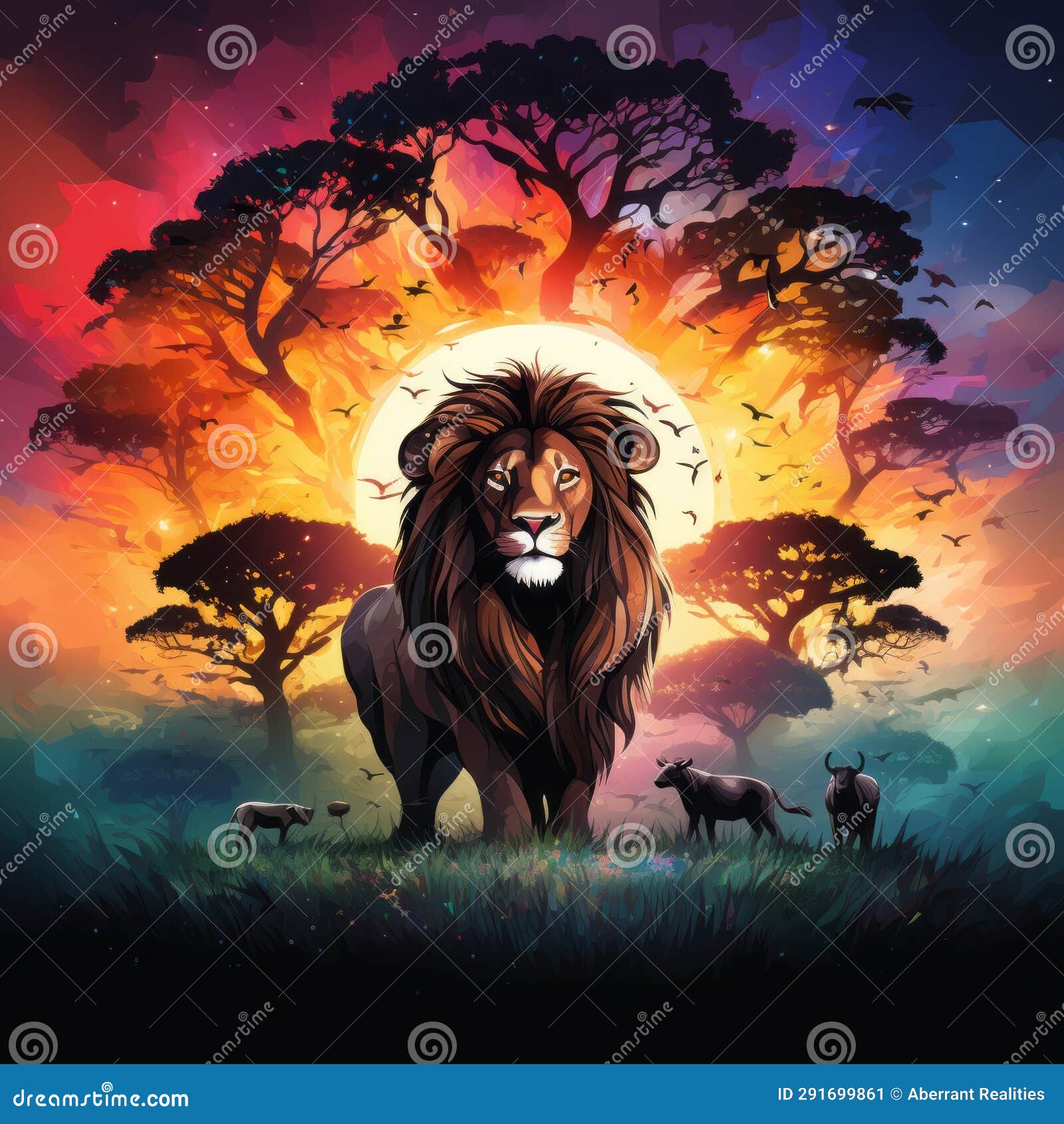 The Lion is Standing in Front of a Sunset with Trees in the Background ...