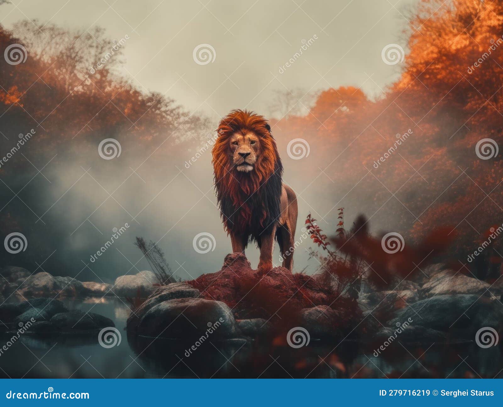 A Lion Standing on Top of a Rock Next To a River. Generative AI Image ...
