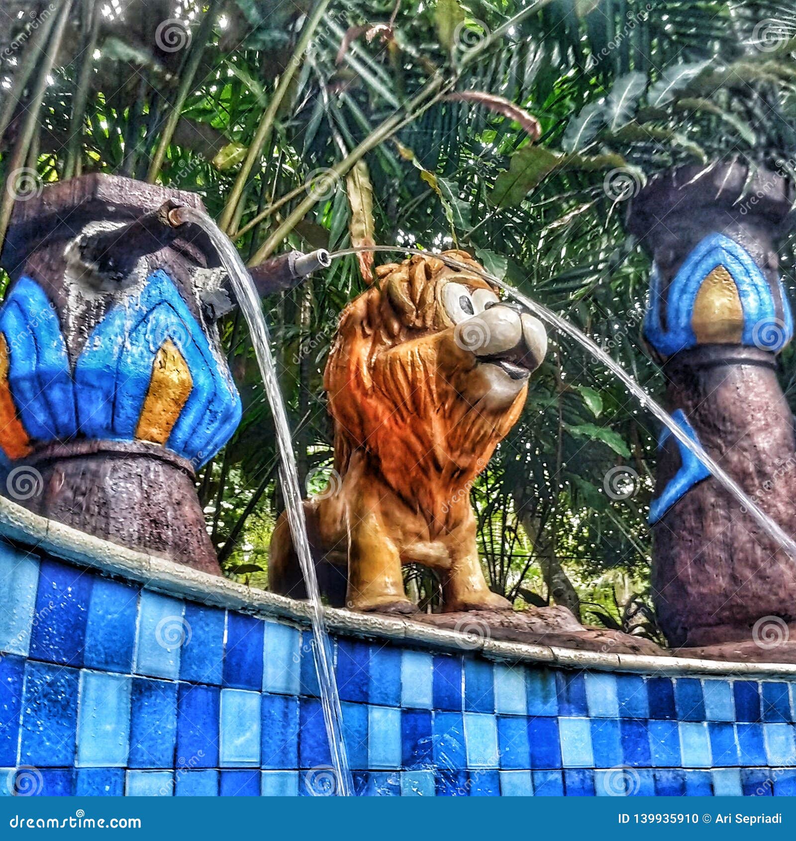 Lion statue. stock photo. Image of lion, spraying, water - 139935910