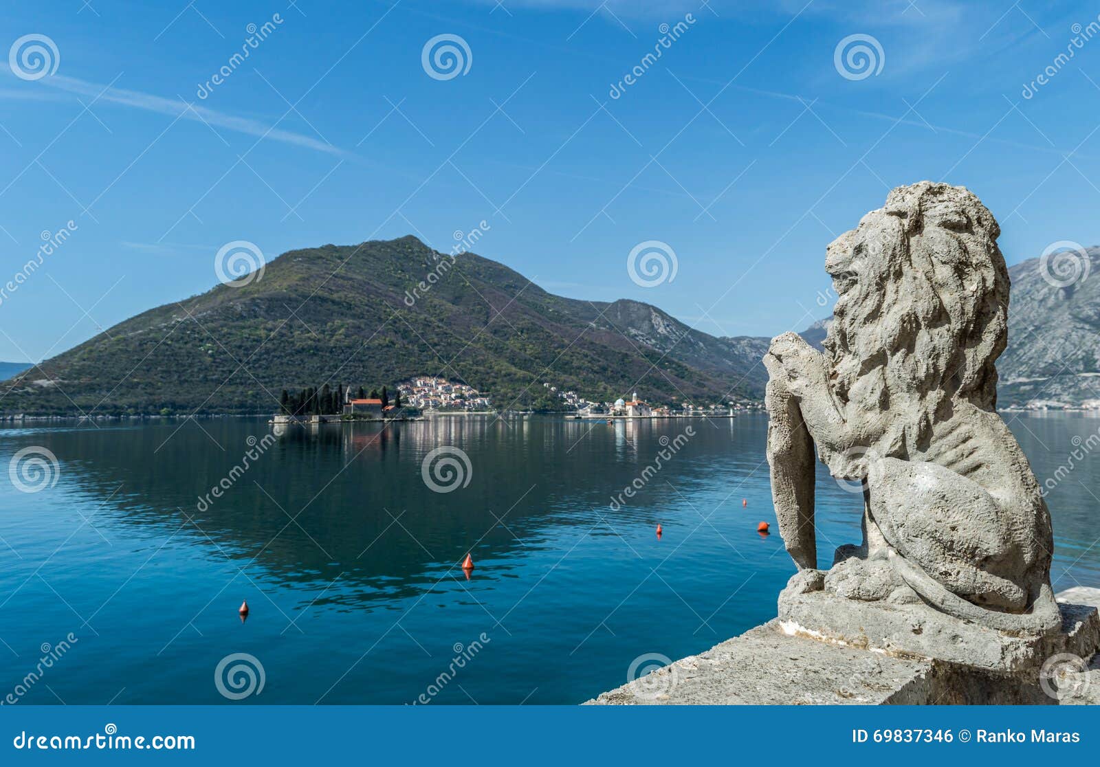 Lion Statue in Perast and Two Islands Stock Photo - Image of balcony ...