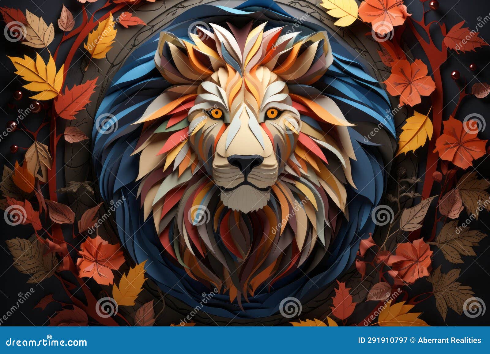 The Lion is Surrounded by Autumn Leaves on a Dark Background Stock ...