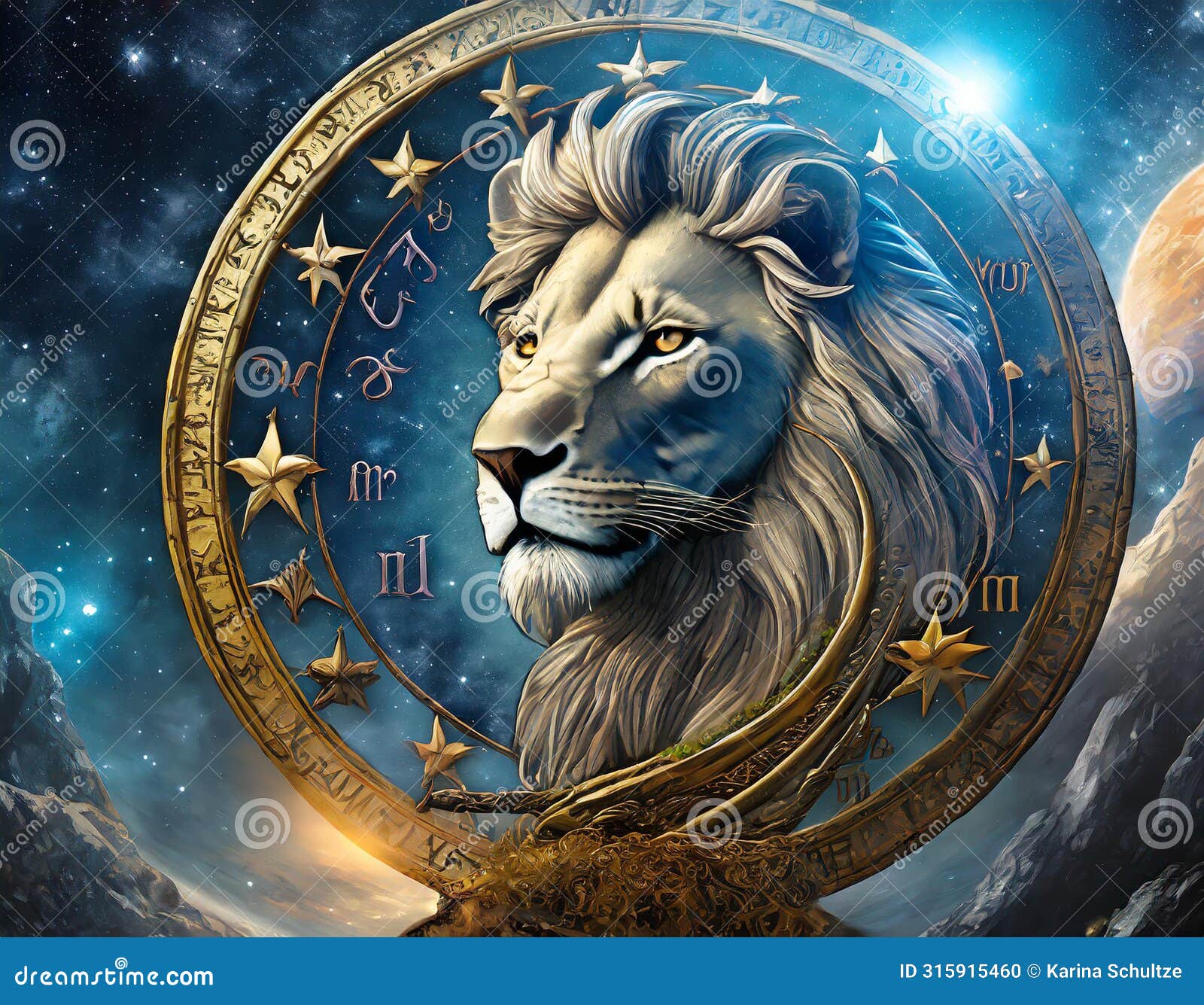 The Lion is Surrounded by a Circle with Numbers and Symbols Stock ...