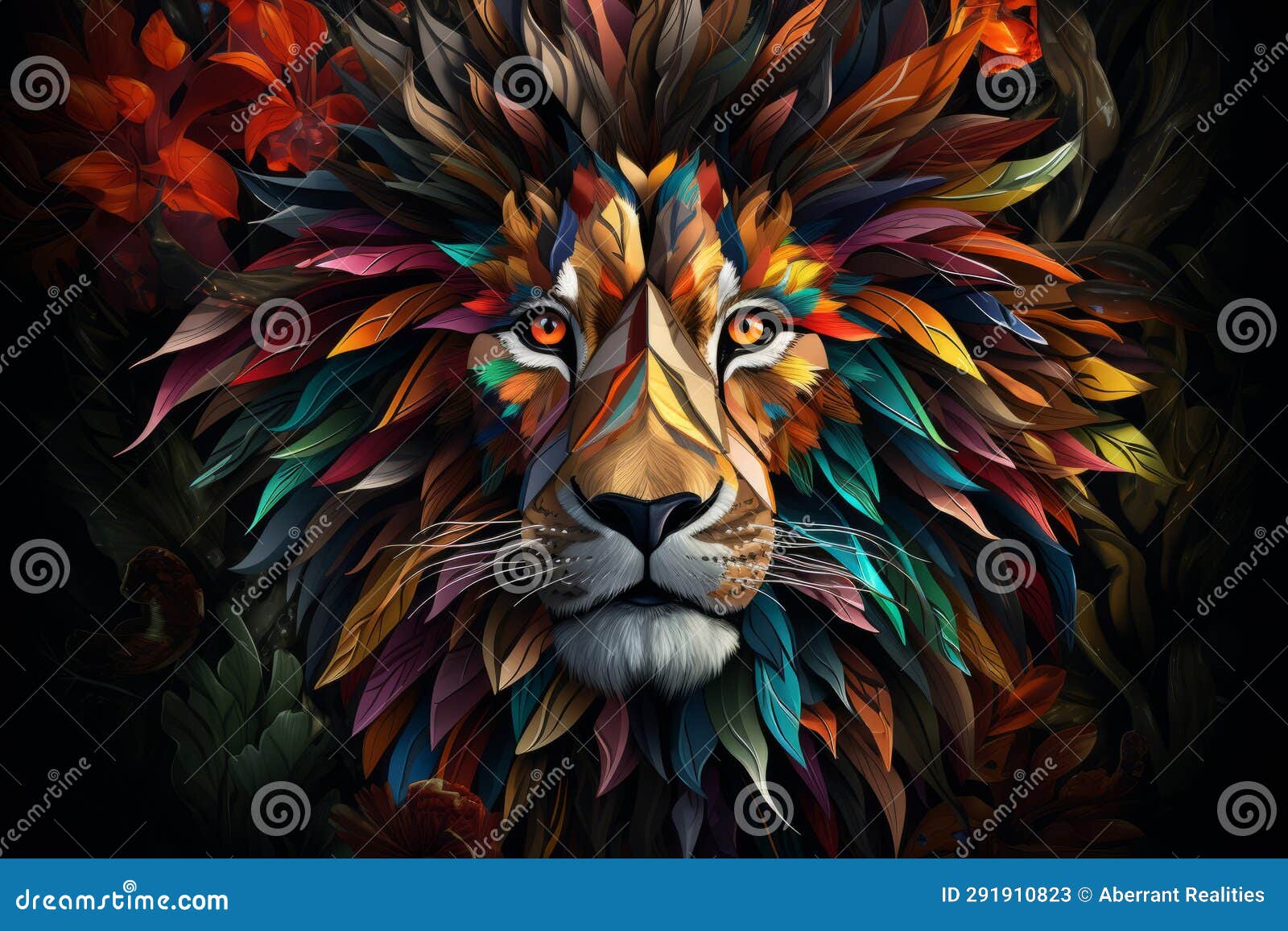 The Lion is Surrounded by Colorful Leaves and Flowers Stock ...