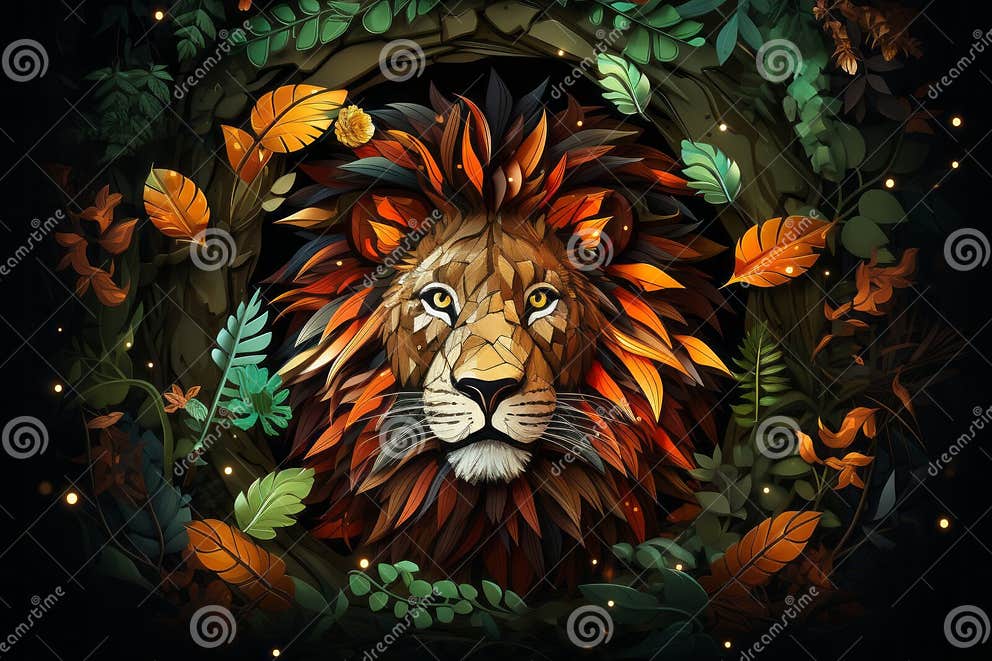 A Lion Surrounded by Leaves on a Dark Background Stock Illustration ...