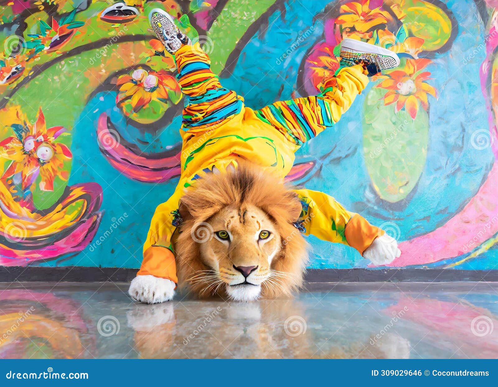 Lion Teenager B-Boying with Multi-colored Gravity in the Backdrop Stock ...