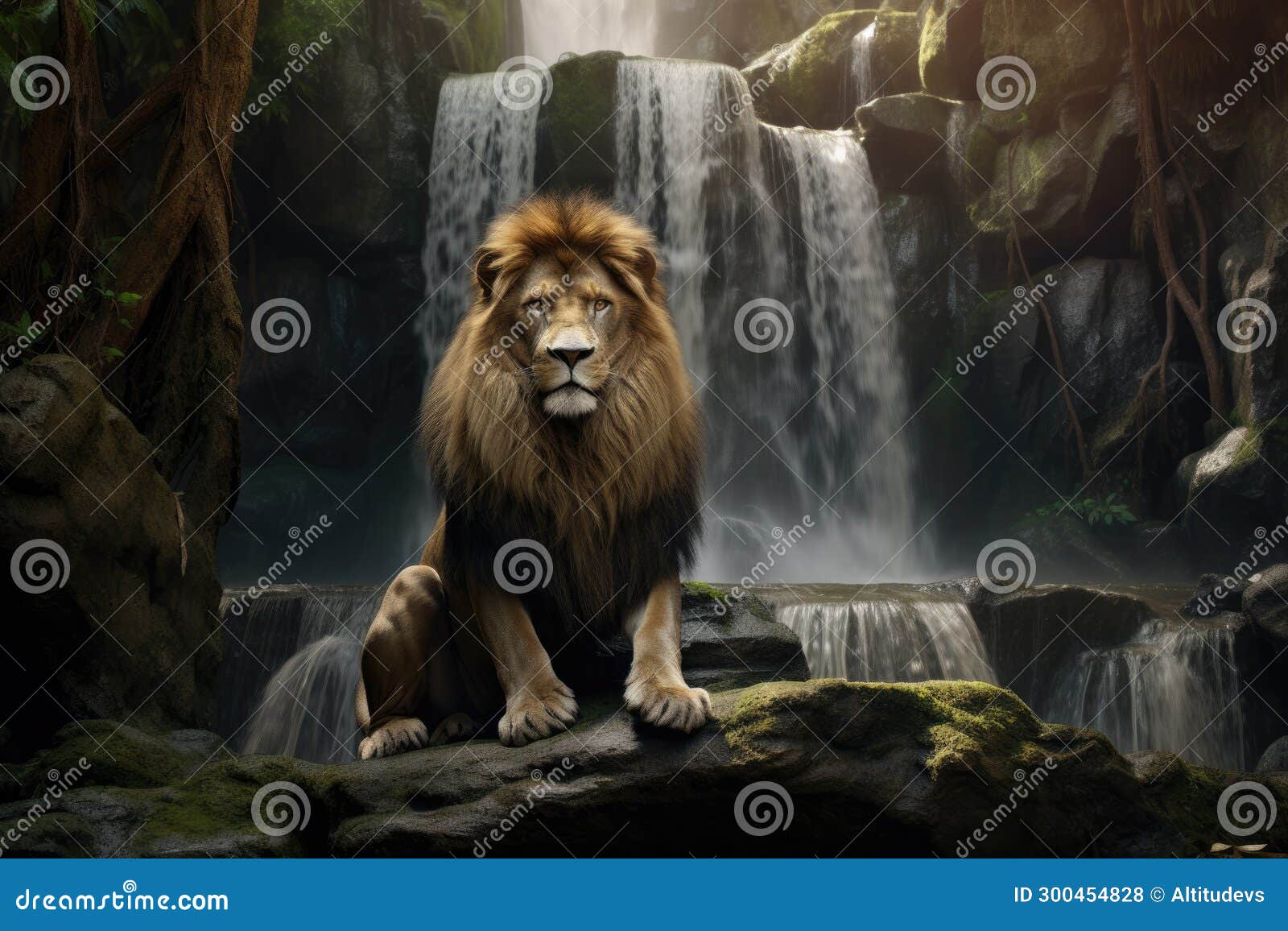 A Lion on a Throne in Front of a Waterfall Stock Photo - Image of ...