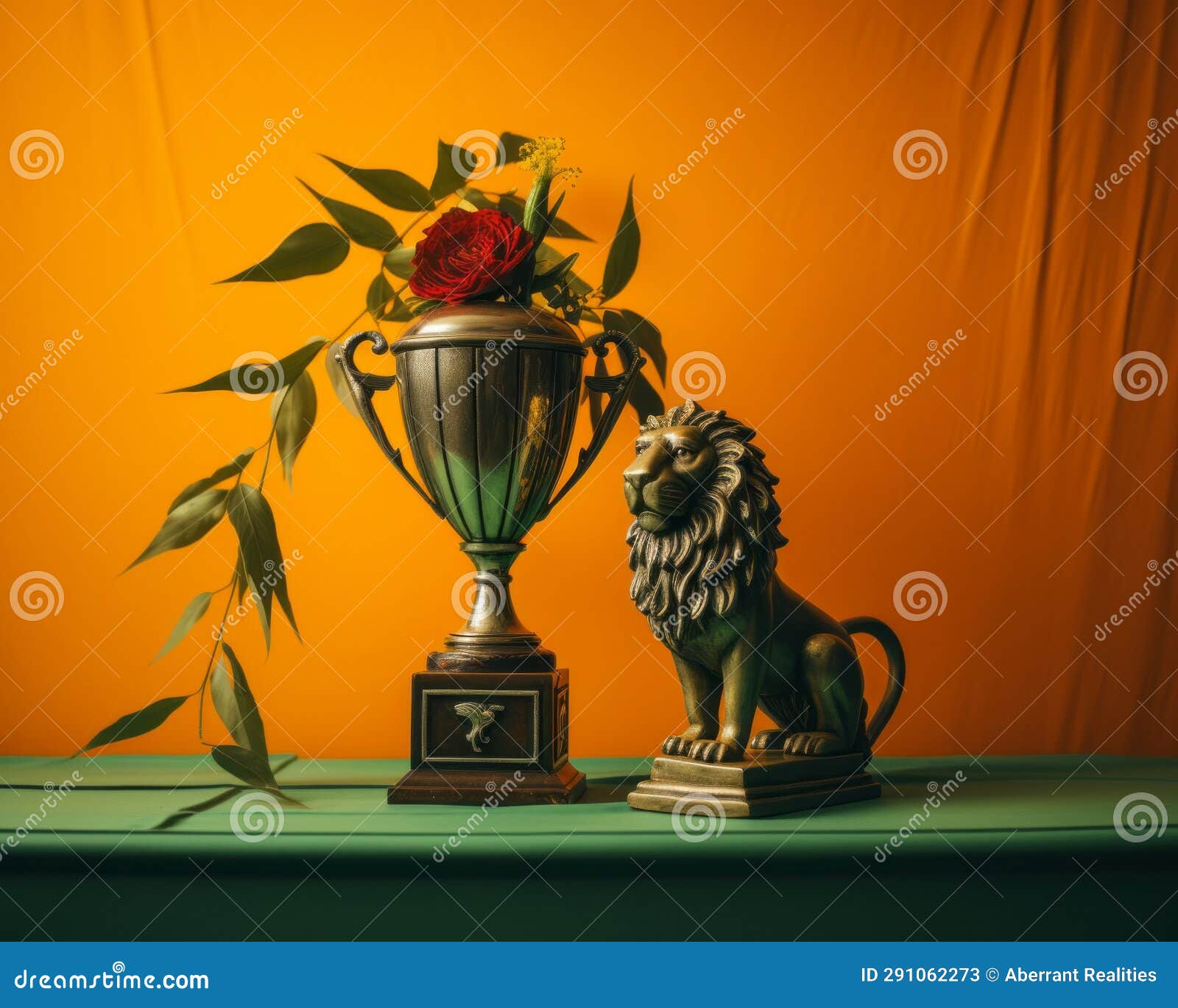 A Lion and a Trophy on a Table with a Rose in Front of it Stock ...