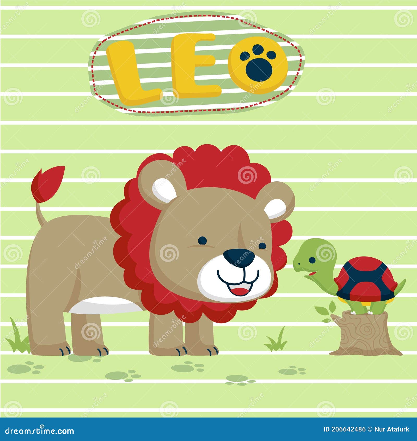 Lion and Turtle Cartoon Vector on Striped Background Stock Vector ...