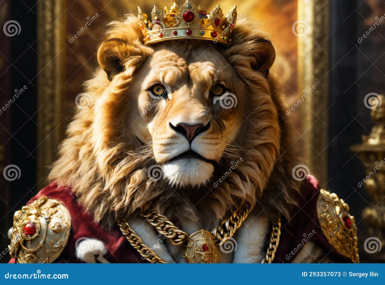Lion Wearing Crown and Gold Chain. 3D Illustration Stock Illustration ...