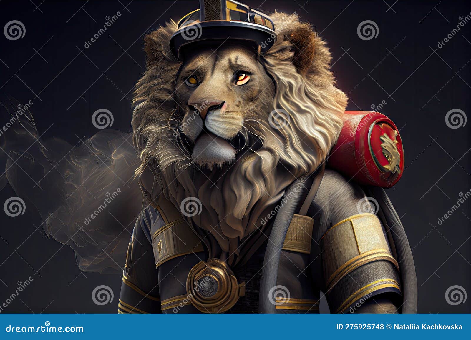 Lion Wearing a Fire Fighter Uniform Stock Illustration - Illustration ...
