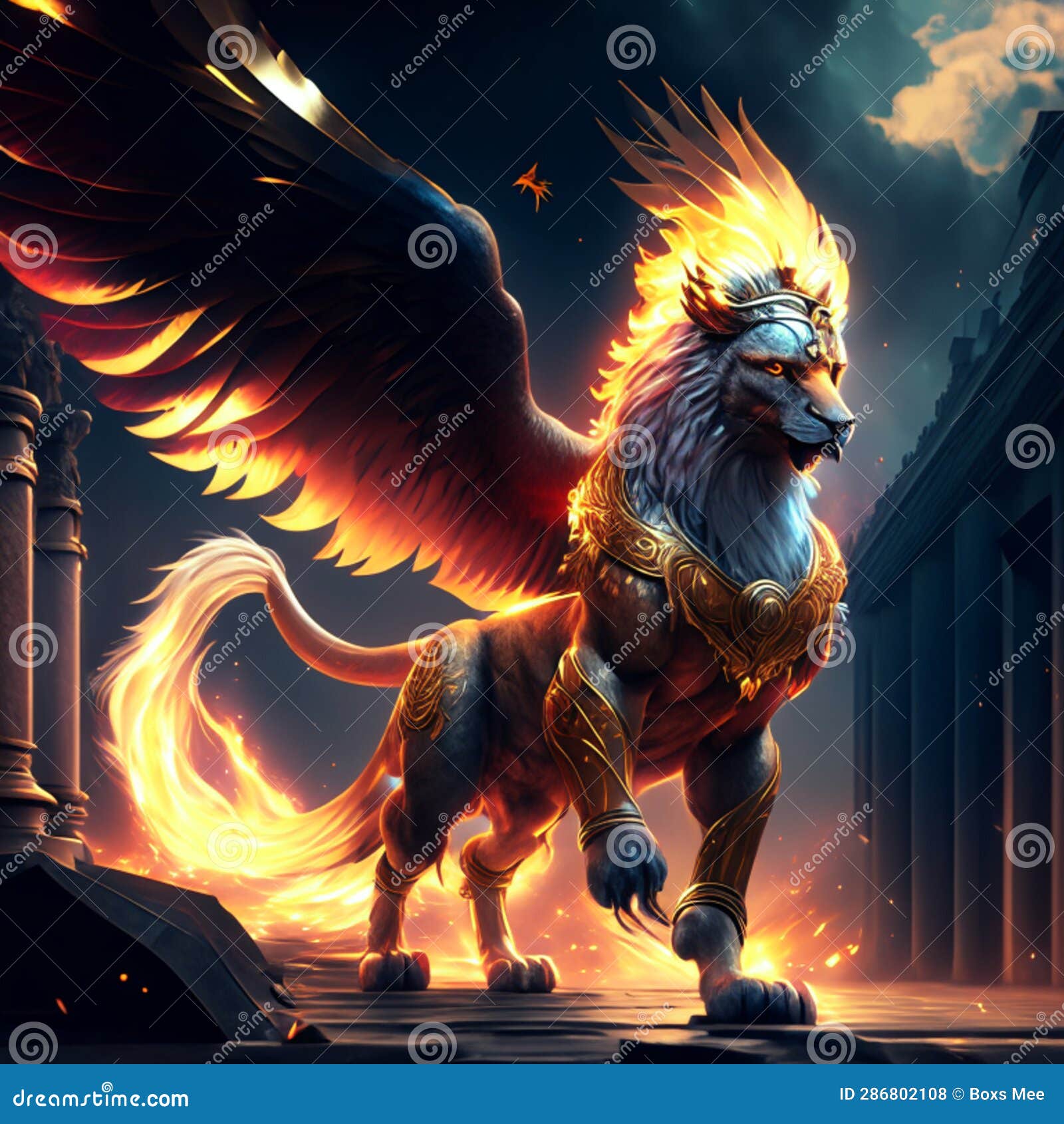 Lion with Wings and Fire in the Sky. 3d Rendering Generative AI Stock ...