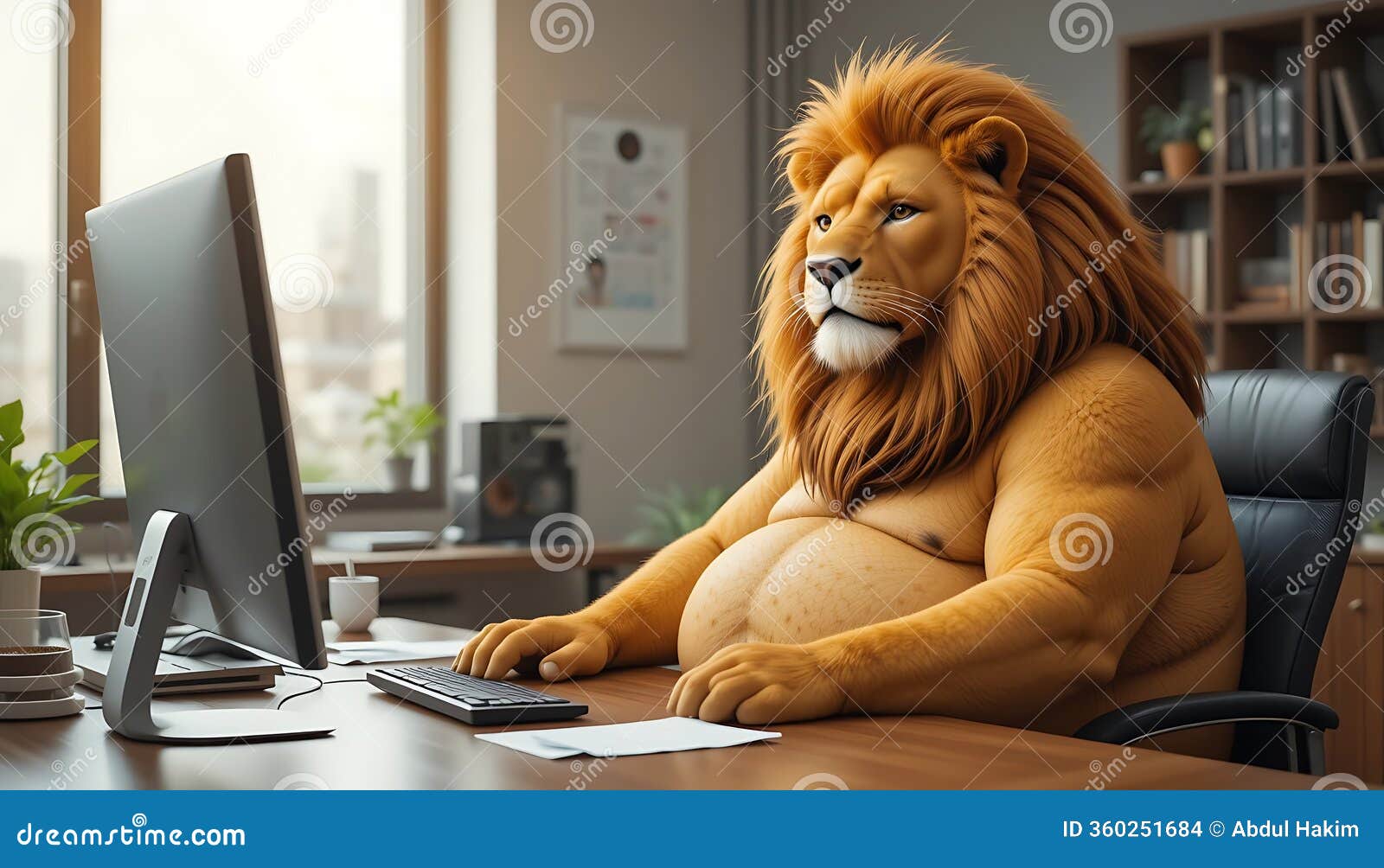 Lion Working at a Desk while Using a Computer in a Modern Office ...