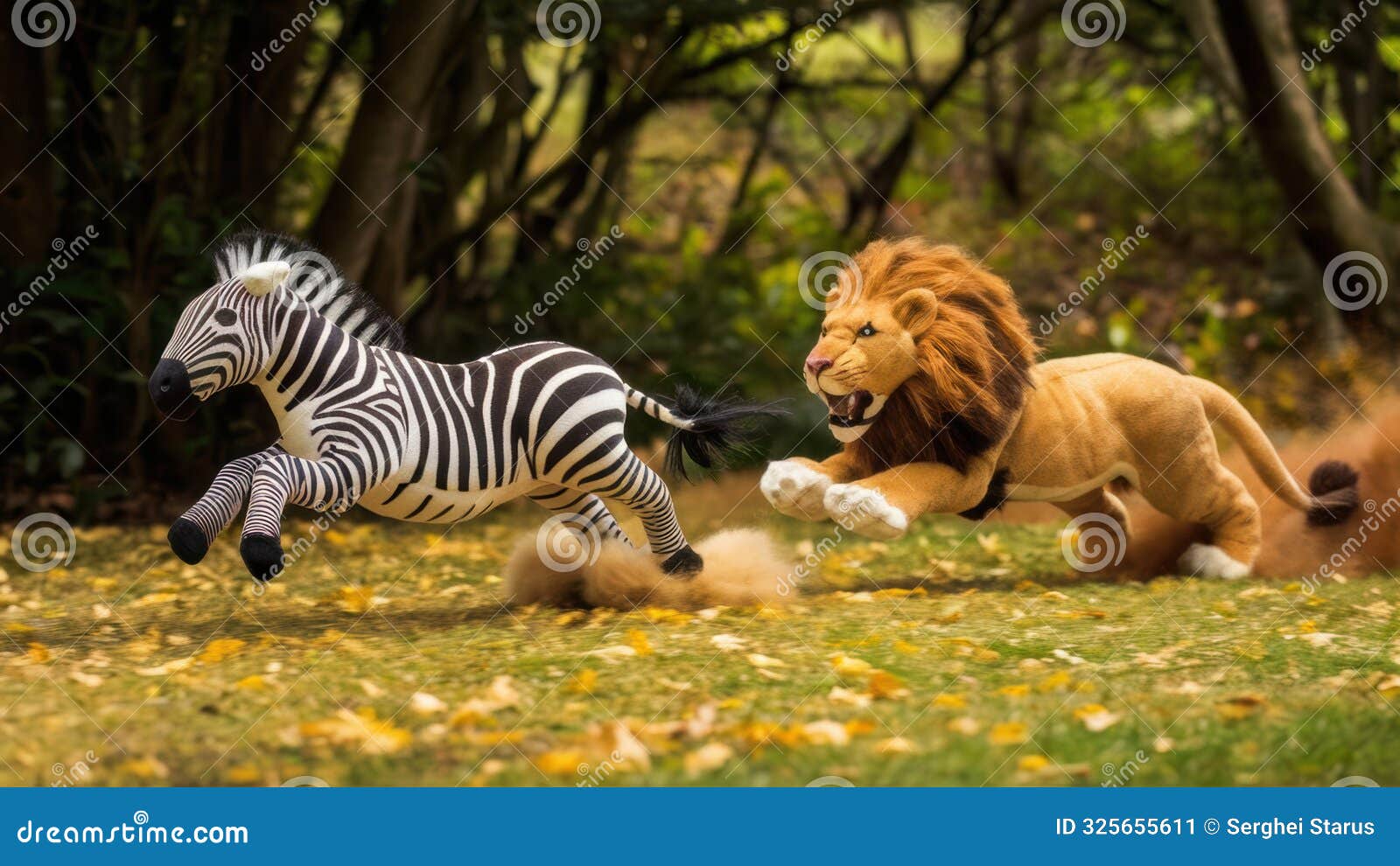 A Lion and Zebra are Running in the Grass with Trees Behind Them, AI ...