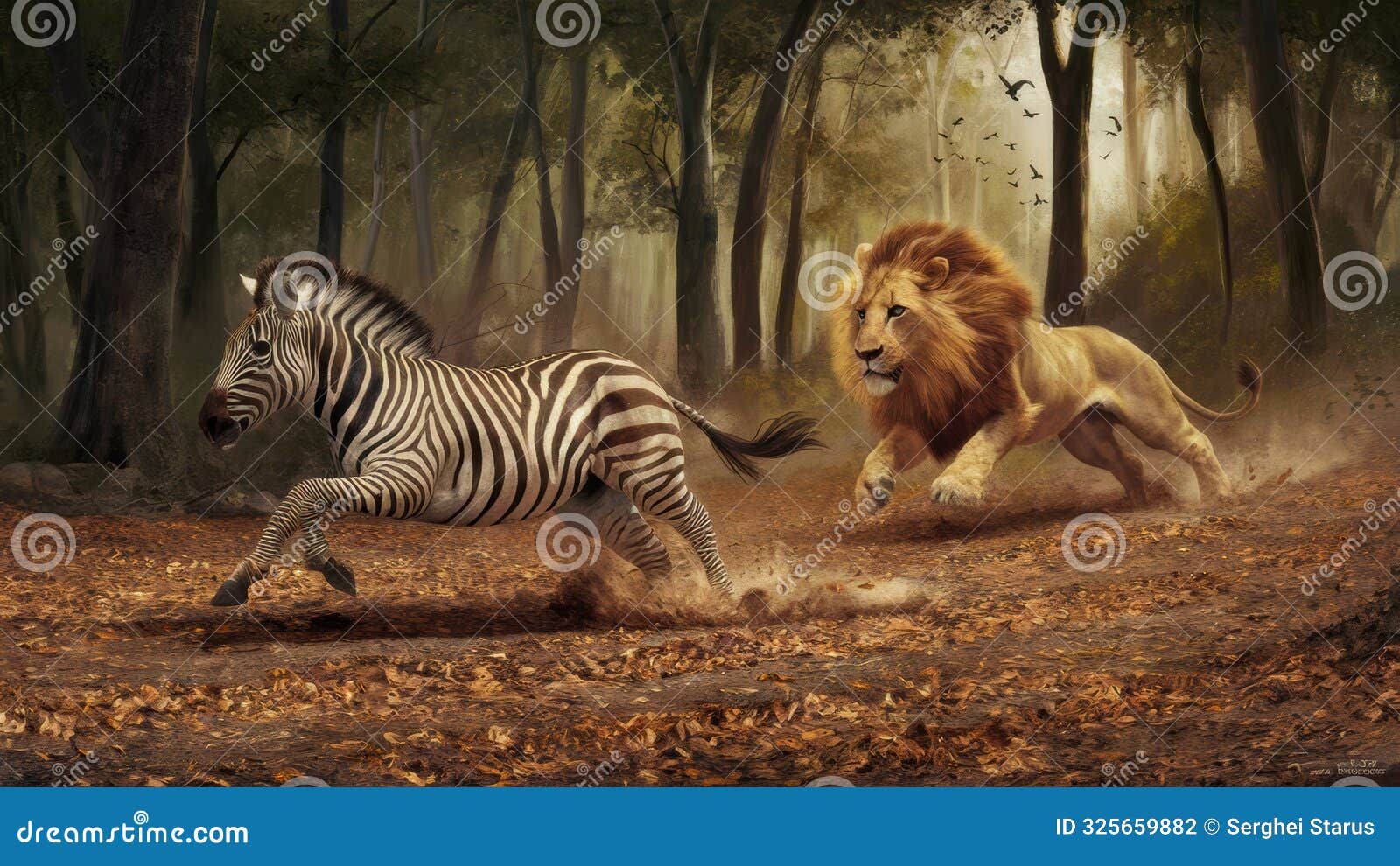 A Lion and Zebra Running through the Woods in a Painting, AI Stock ...