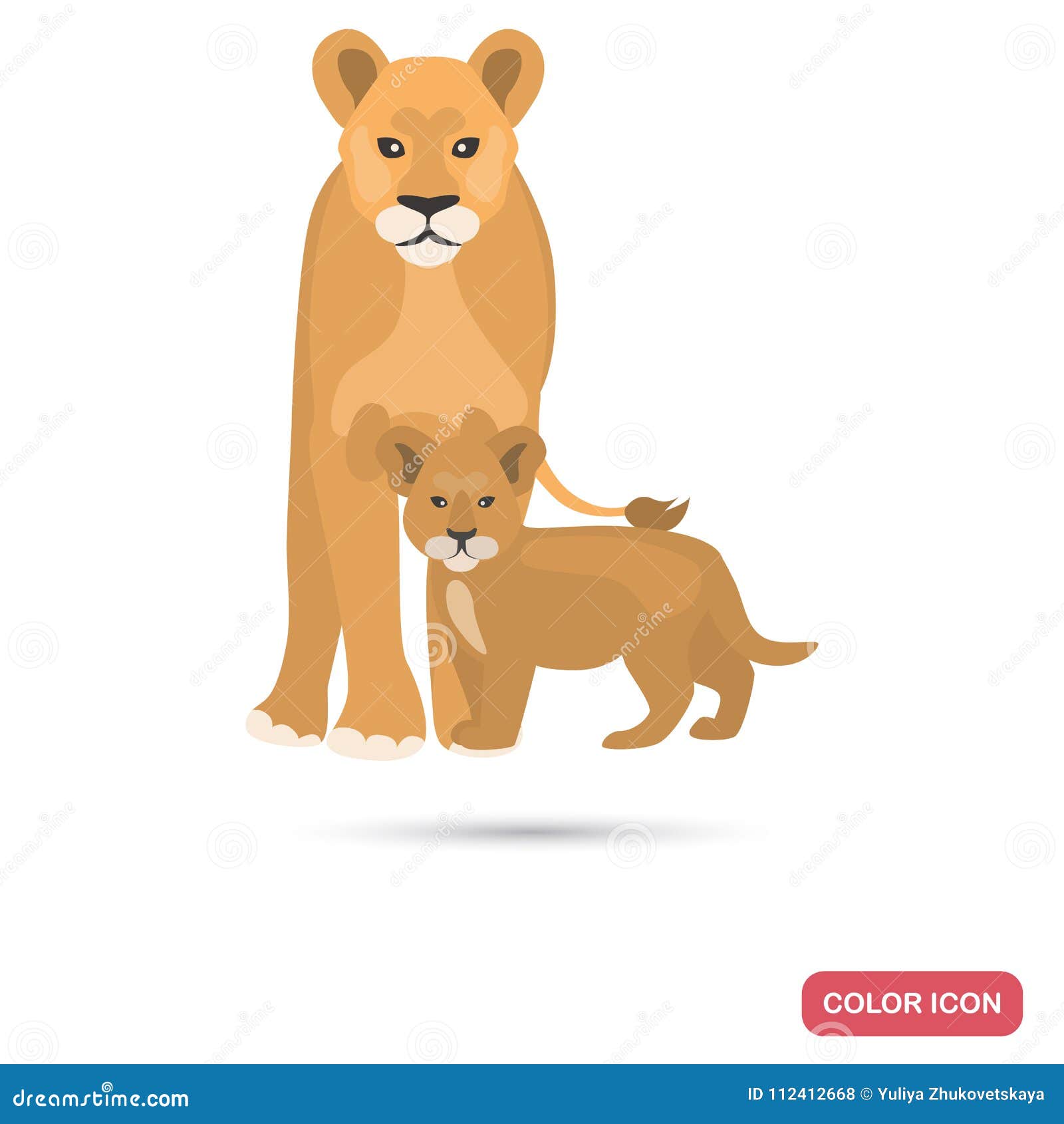 Lioness and Cub Color Flat Icon Stock Vector - Illustration of isolated ...