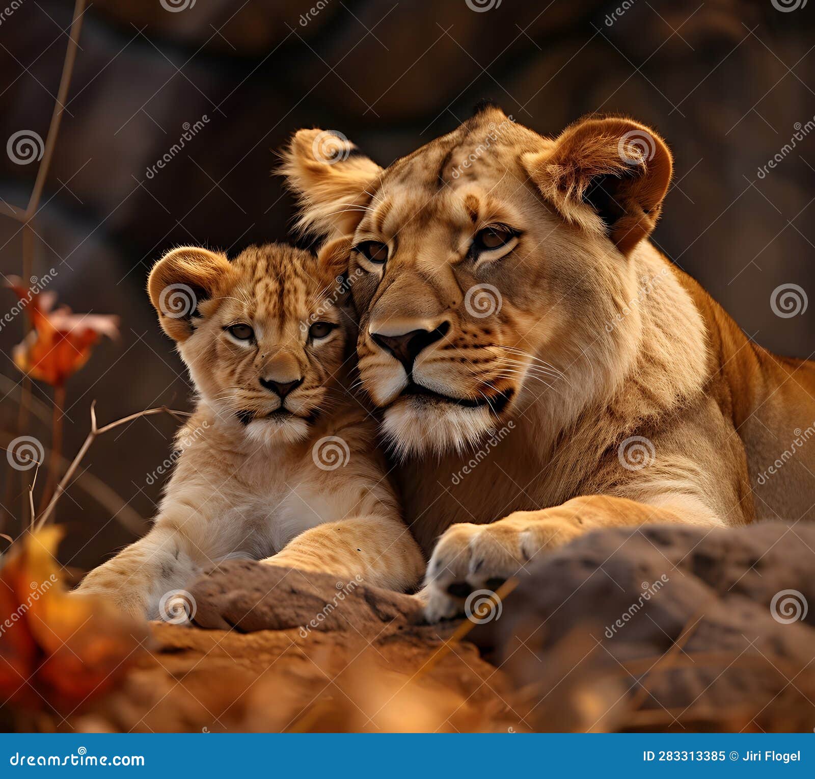 Lioness Cuddles with Her Young Cub - AI Generated Stock Illustration ...