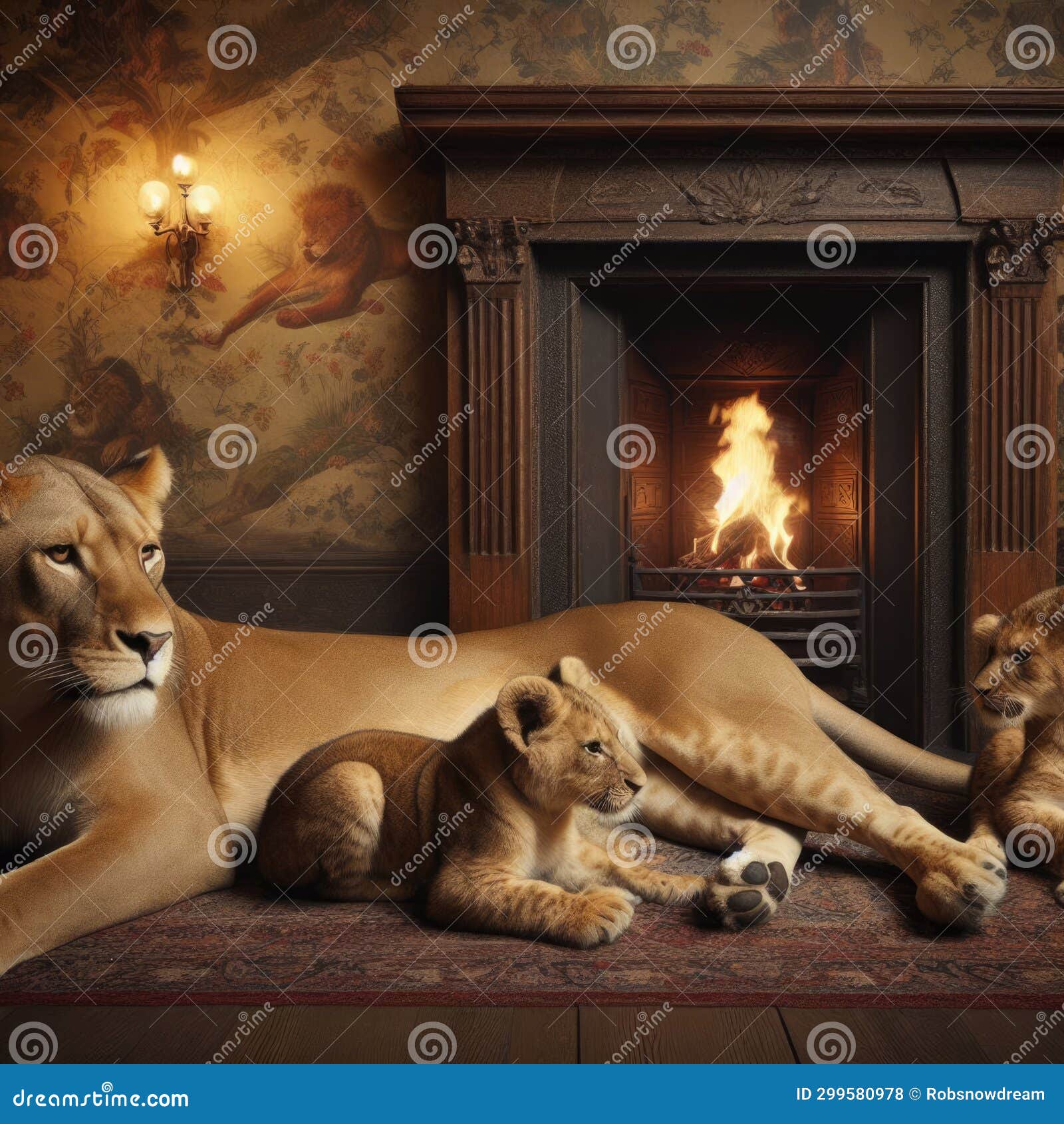 Lioness Rests with Cubs in Front of Open Fire Stock Illustration ...