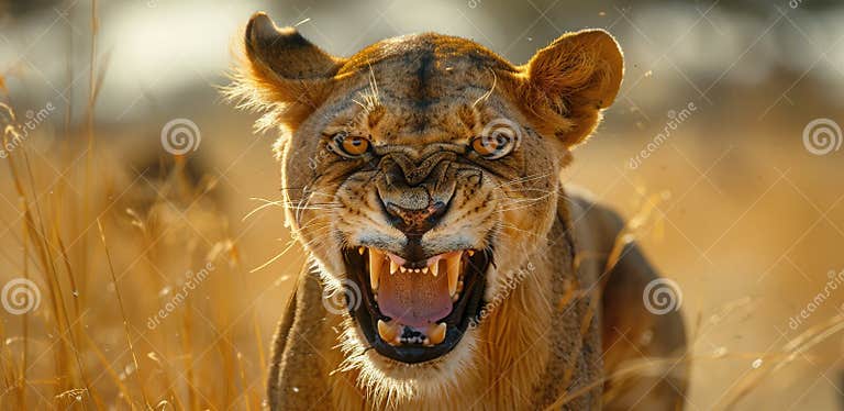 Lioness Roaring in the Savanna Stock Illustration - Illustration of ...