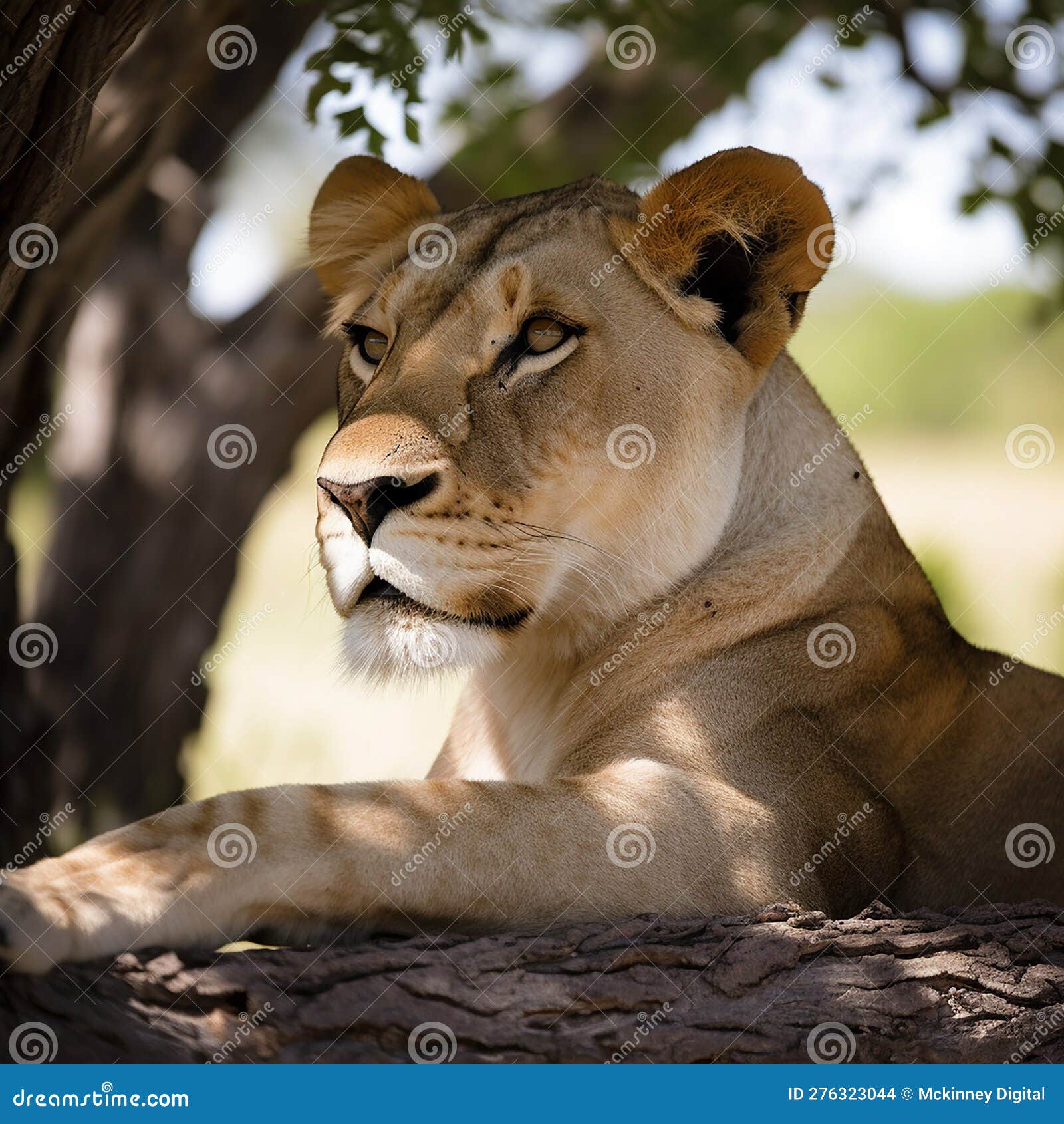 Lioness Sitting in a Shaded Area Under a Big Tree. Created Using Ai ...