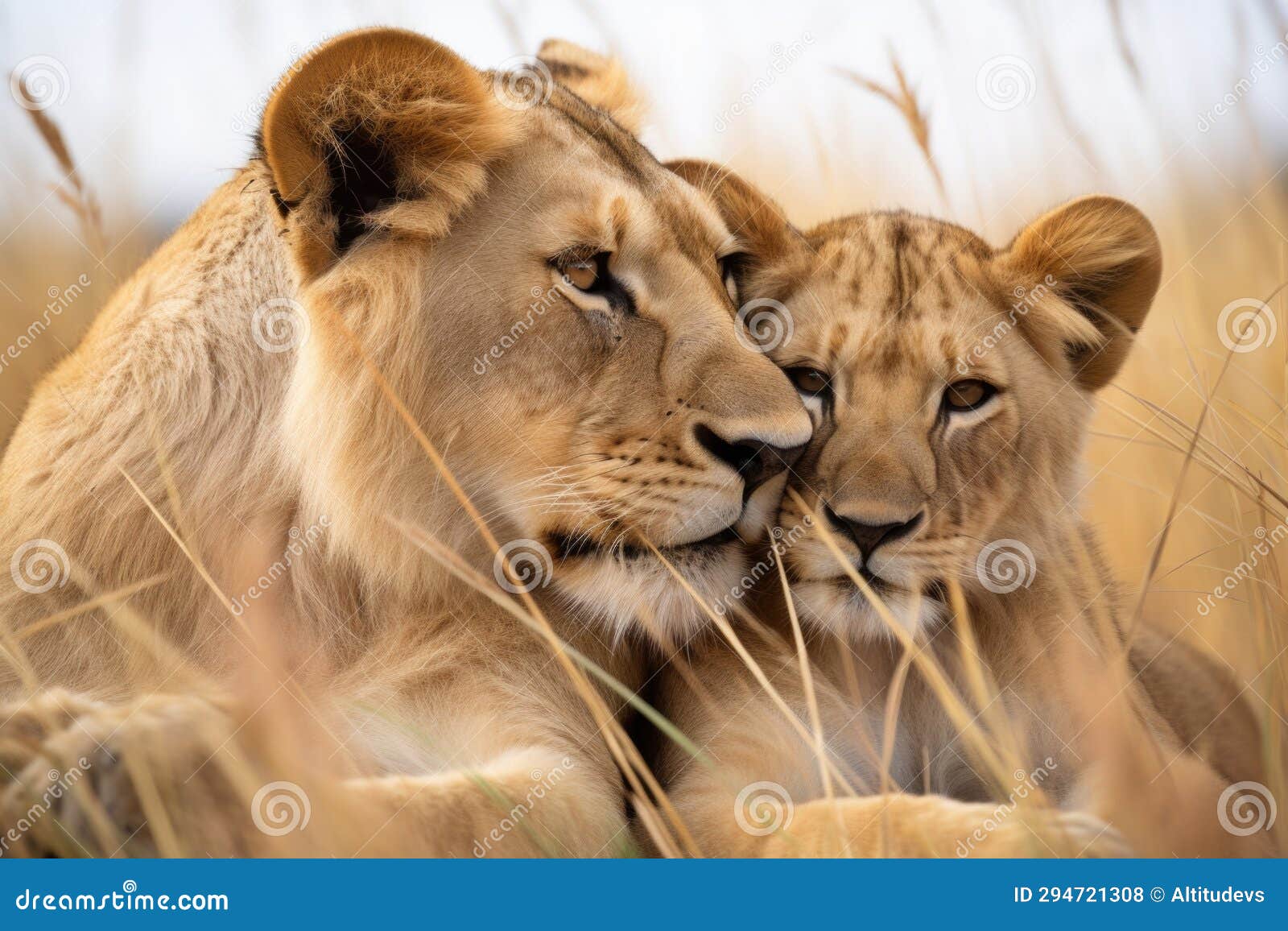 Lions Nuzzling in the Grass Stock Illustration - Illustration of ...