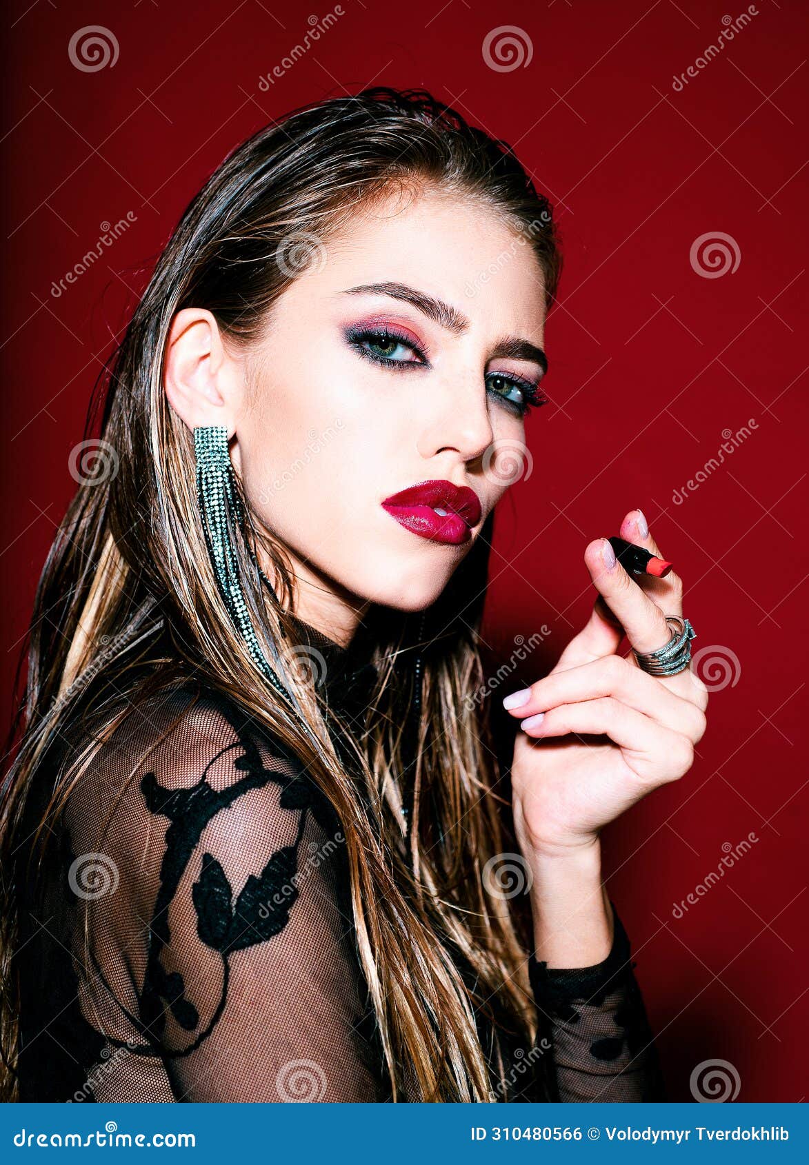 Lip Care And Beauty Sensual Lips Portrait Young Woman Applying Or