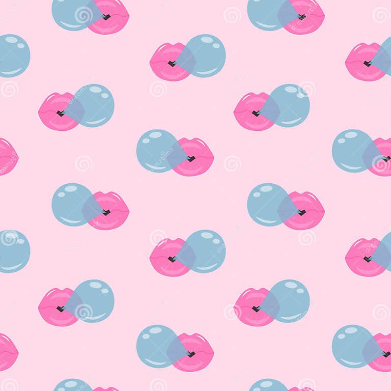 Lips Blowing Bubble Gum Seamless Pattern On Pink Pastel Background