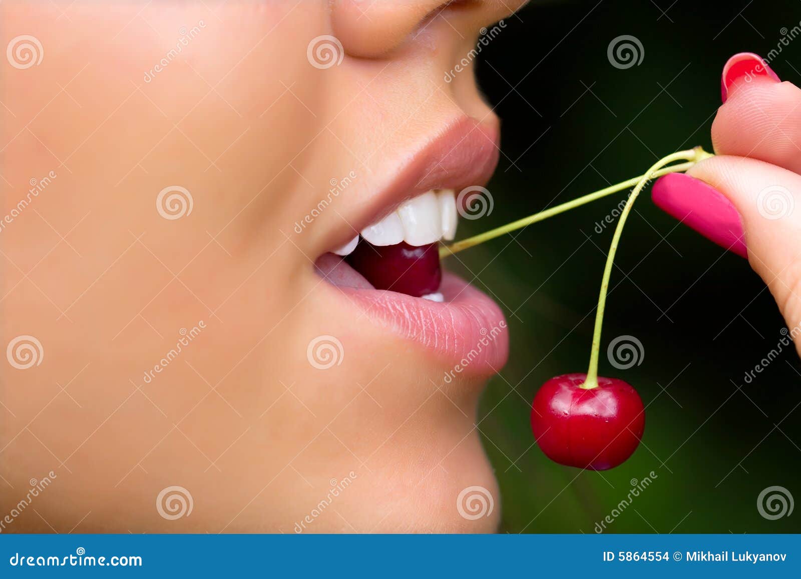 Lips of the Girl Tasting a Cherry Stock Photo - Image of emotion ...