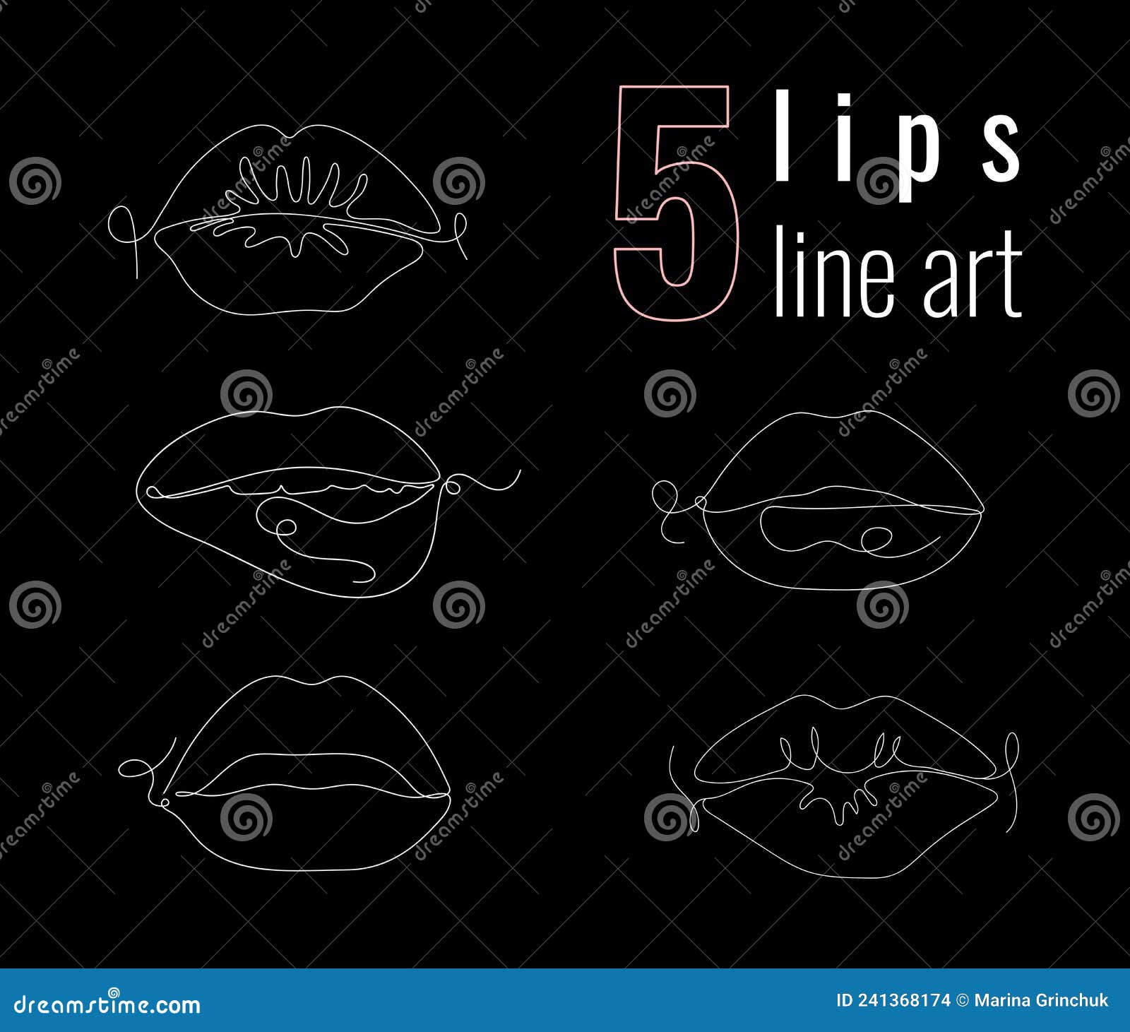 Collection of Lips in Line Art Style on a Black Background. Stock ...