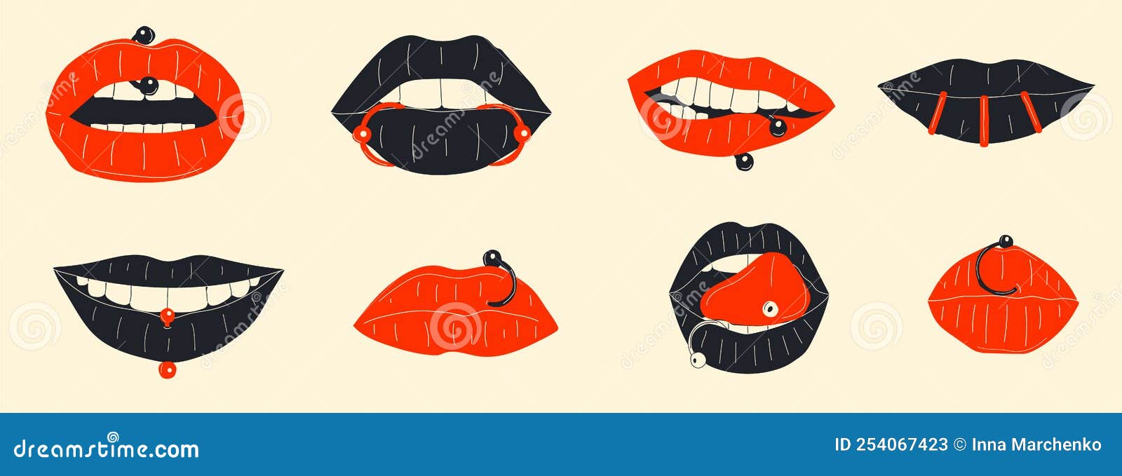 Lips Piercing Vector Set in Cartoon Style. Stock Vector - Illustration ...