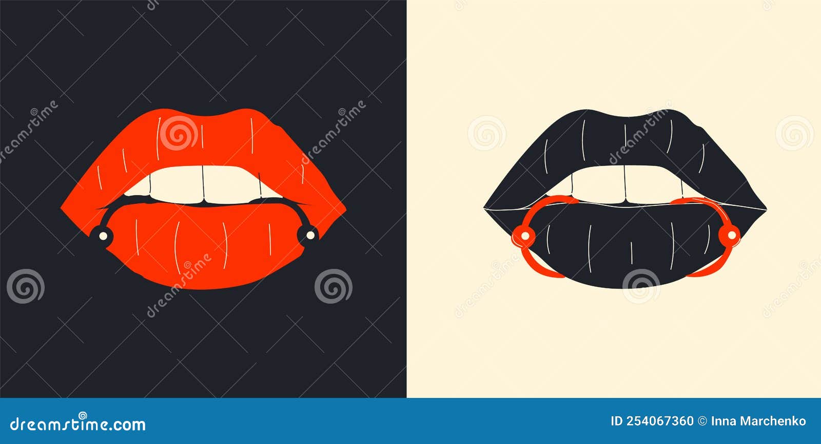 Lips Piercing Vector Set in Cartoon Style. Stock Vector - Illustration ...