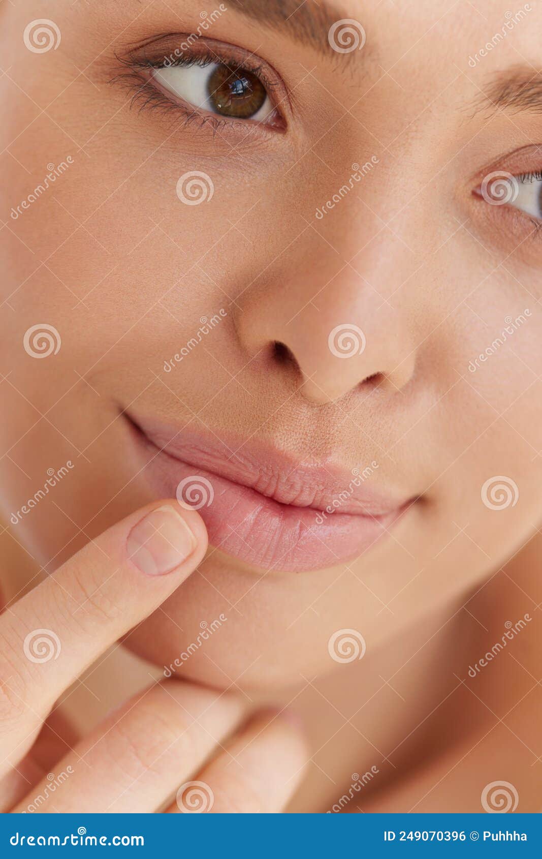 Lips Skin Care Woman With Natural Makeup Touching Full Lips Stock