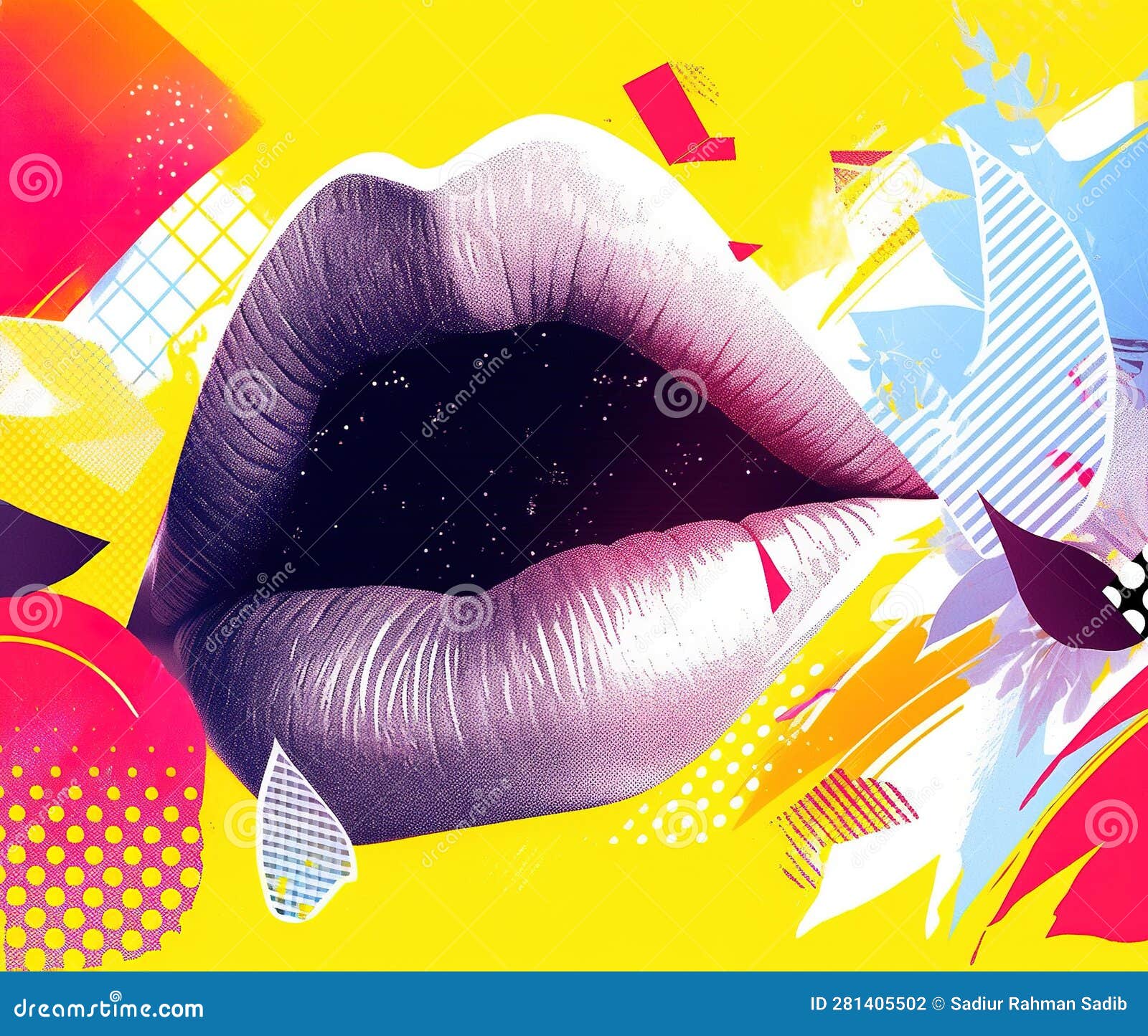Lips and Teeth. Halftone Woman Lips on Bright Background with Shapes ...