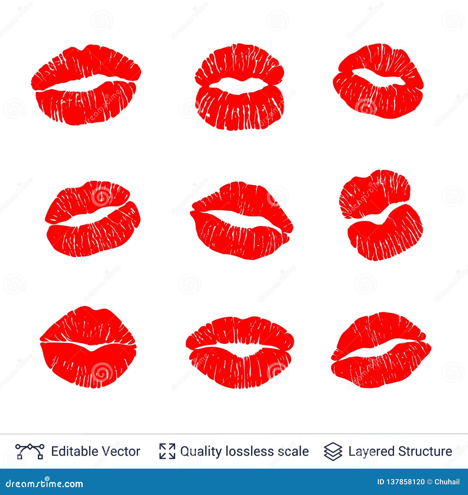 Set of Red Lips Prints Isolated on White. Stock Vector - Illustration ...