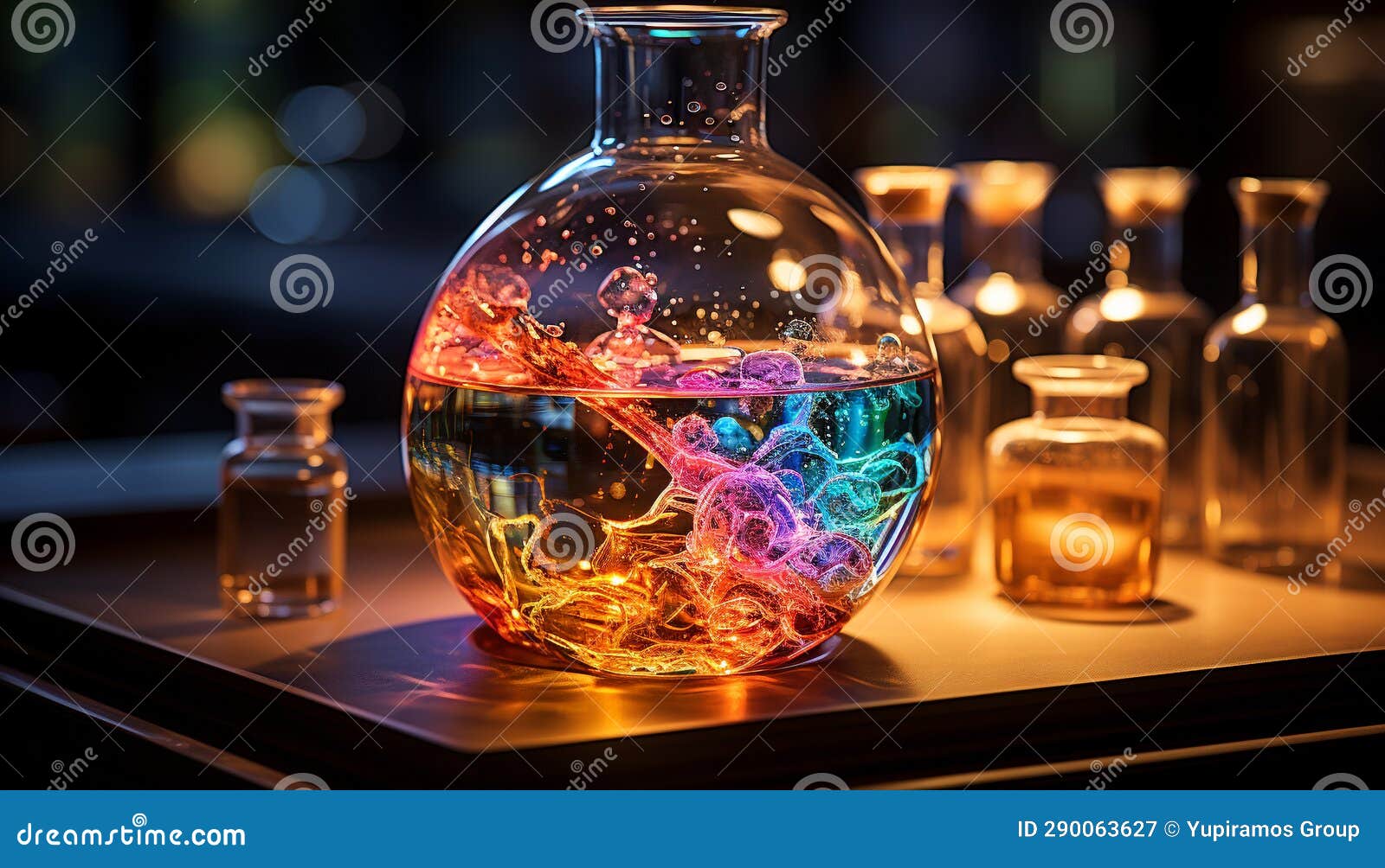 Liquid Bottle on Glass Table, Close Up of Multi Colored Science ...