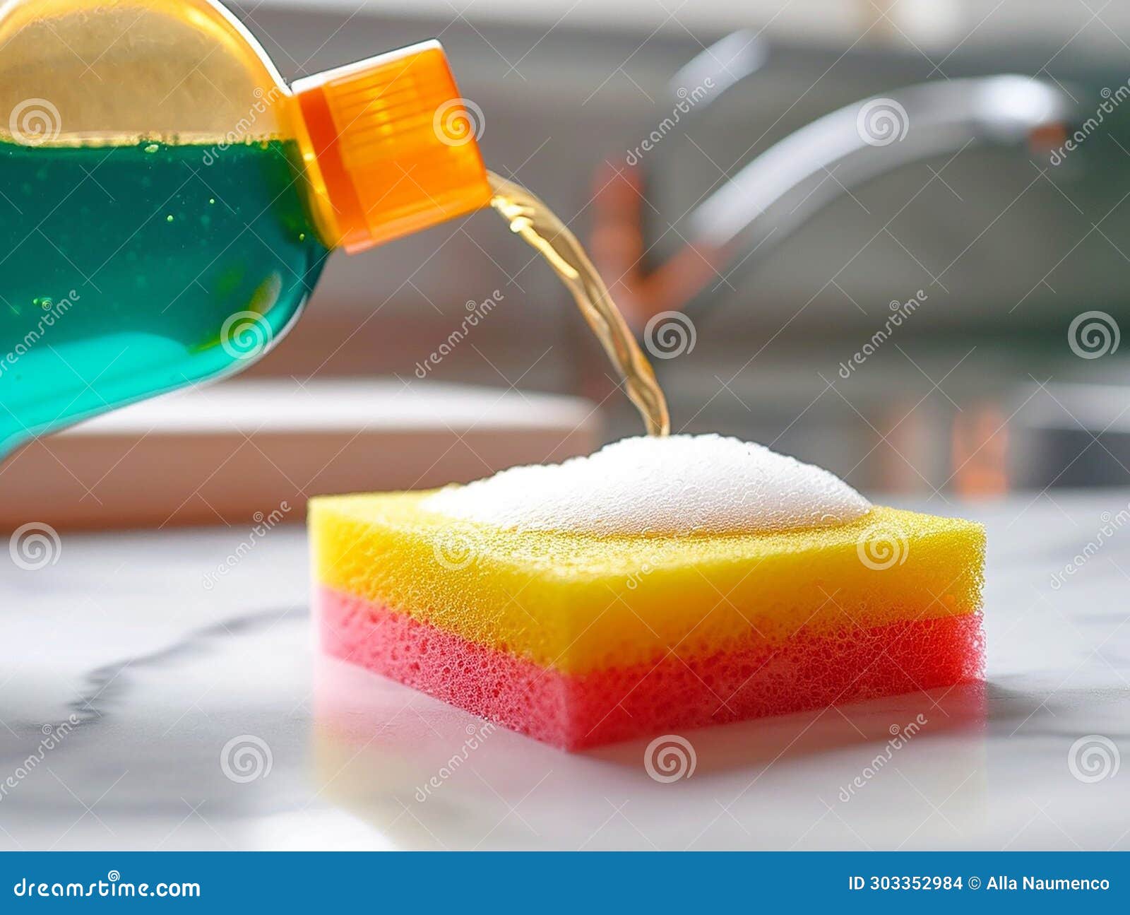 Liquid Detergent from the Bottle is Poured Onto the Colored Sponge ...